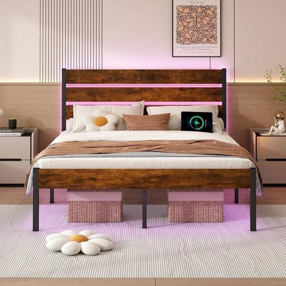 Greenstell King Size Bed Frame with Charging Station, LED Lights ...