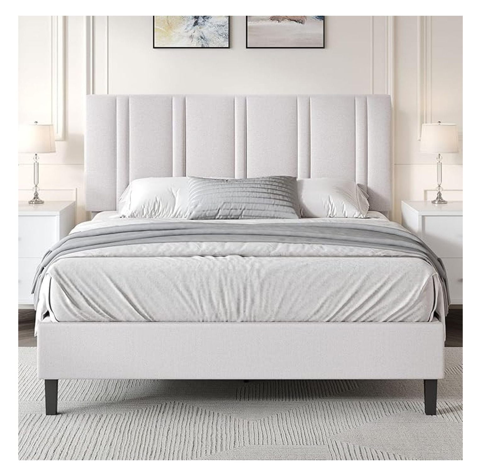 Full Size Bed Frame with Headboard, Linen Fabric Upholstered Platform ...