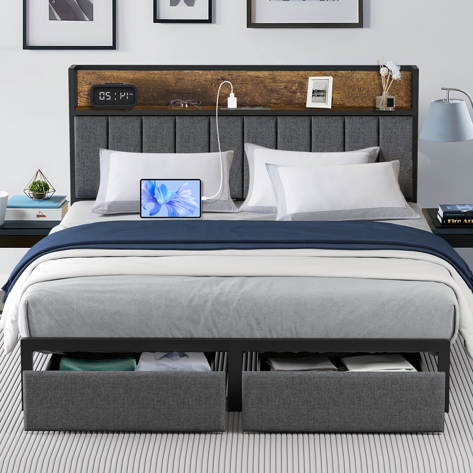 Full Size Bed Frame with Headboard and Storage Drawers Platform Bed ...