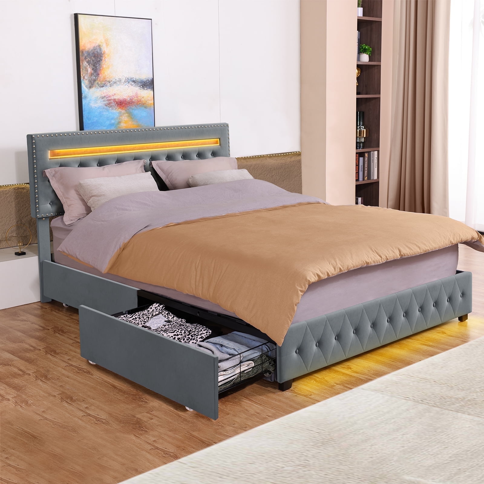 Full Size Bed Frame with Headboard, Upholstered Platform and 4 Storage ...