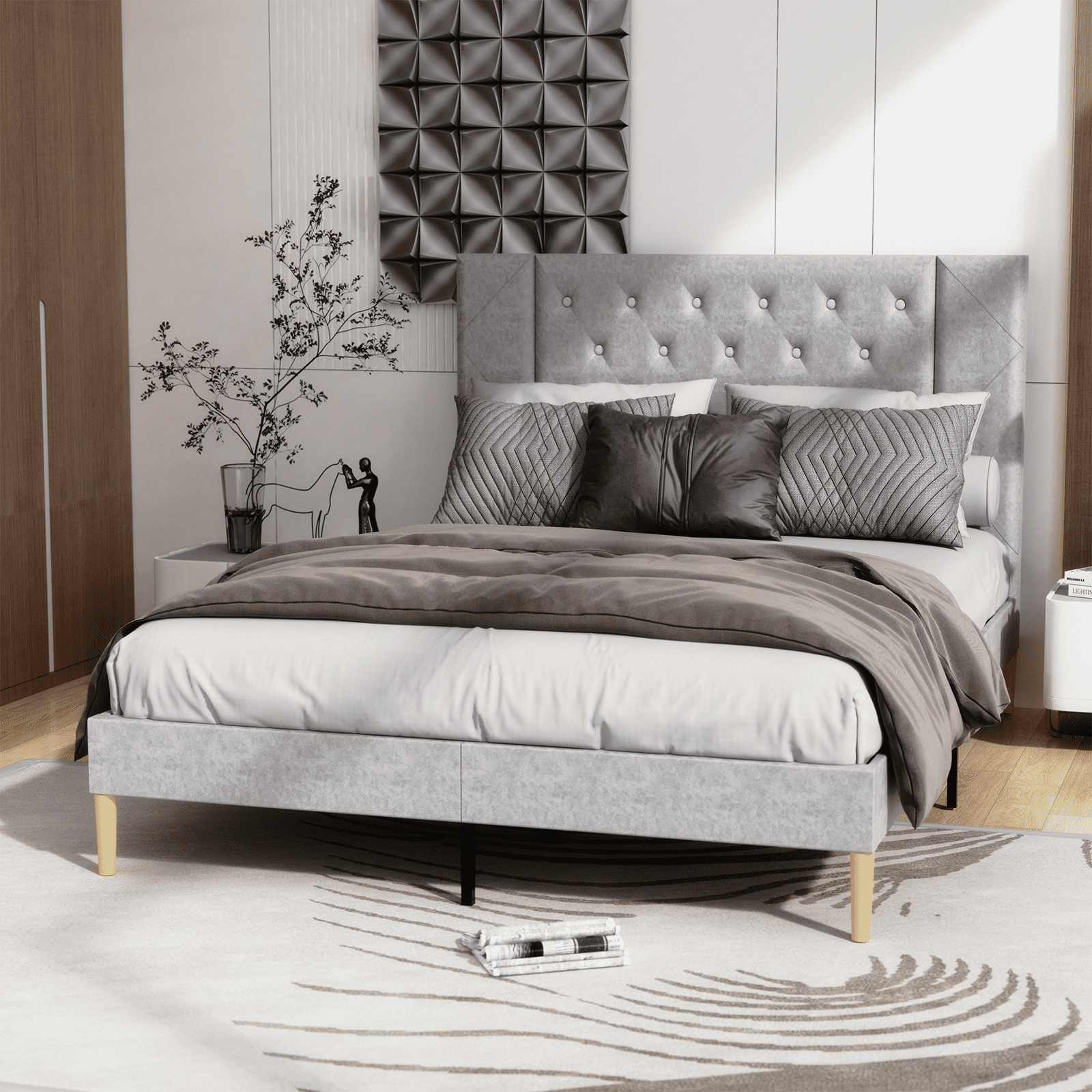 MOLYURAS Full Size Upholstered Bed with Headboard & Slats, Light Gray - Walmart.com