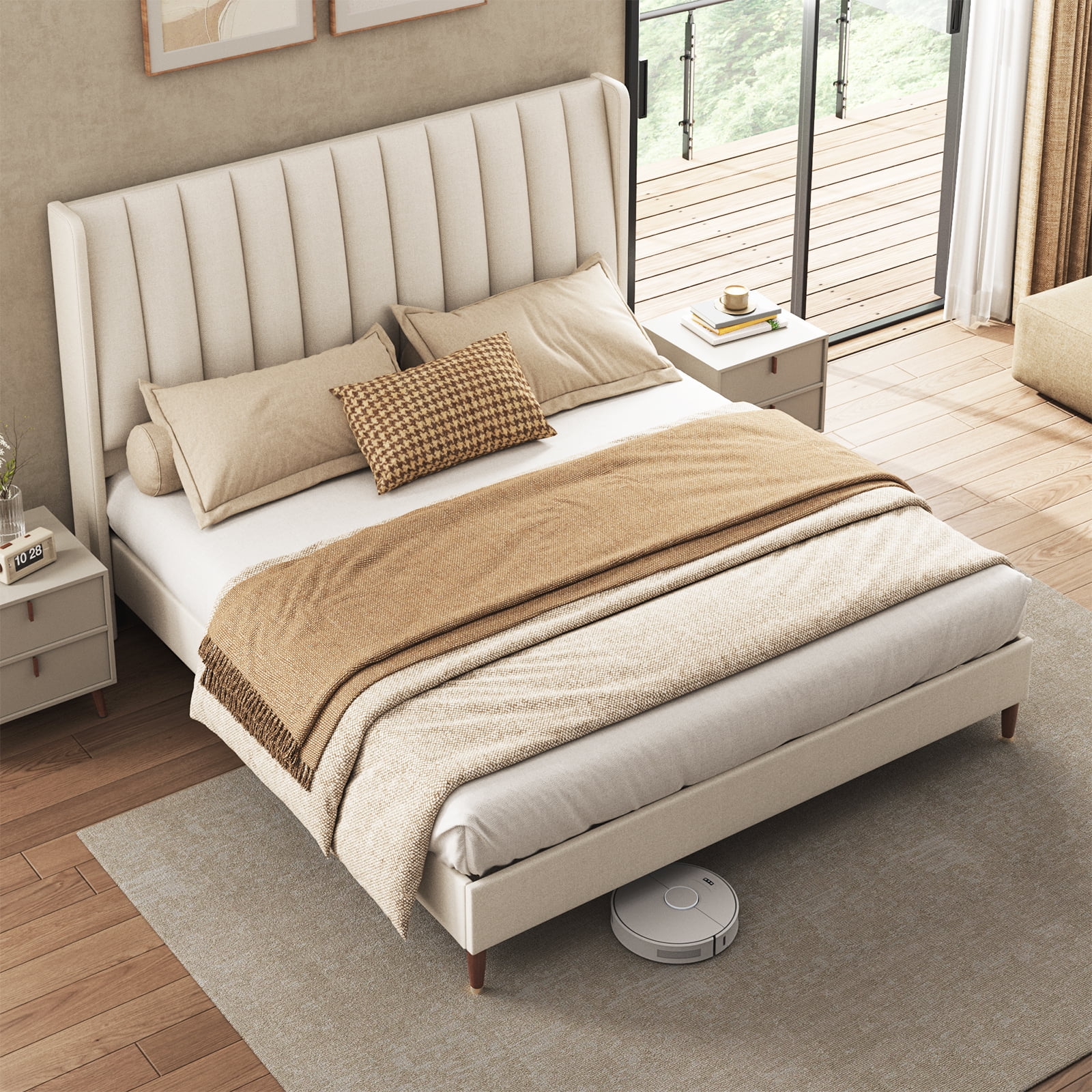 Full Size Bed Frame with Headboard, Vertical Channel Tall Wingback ...
