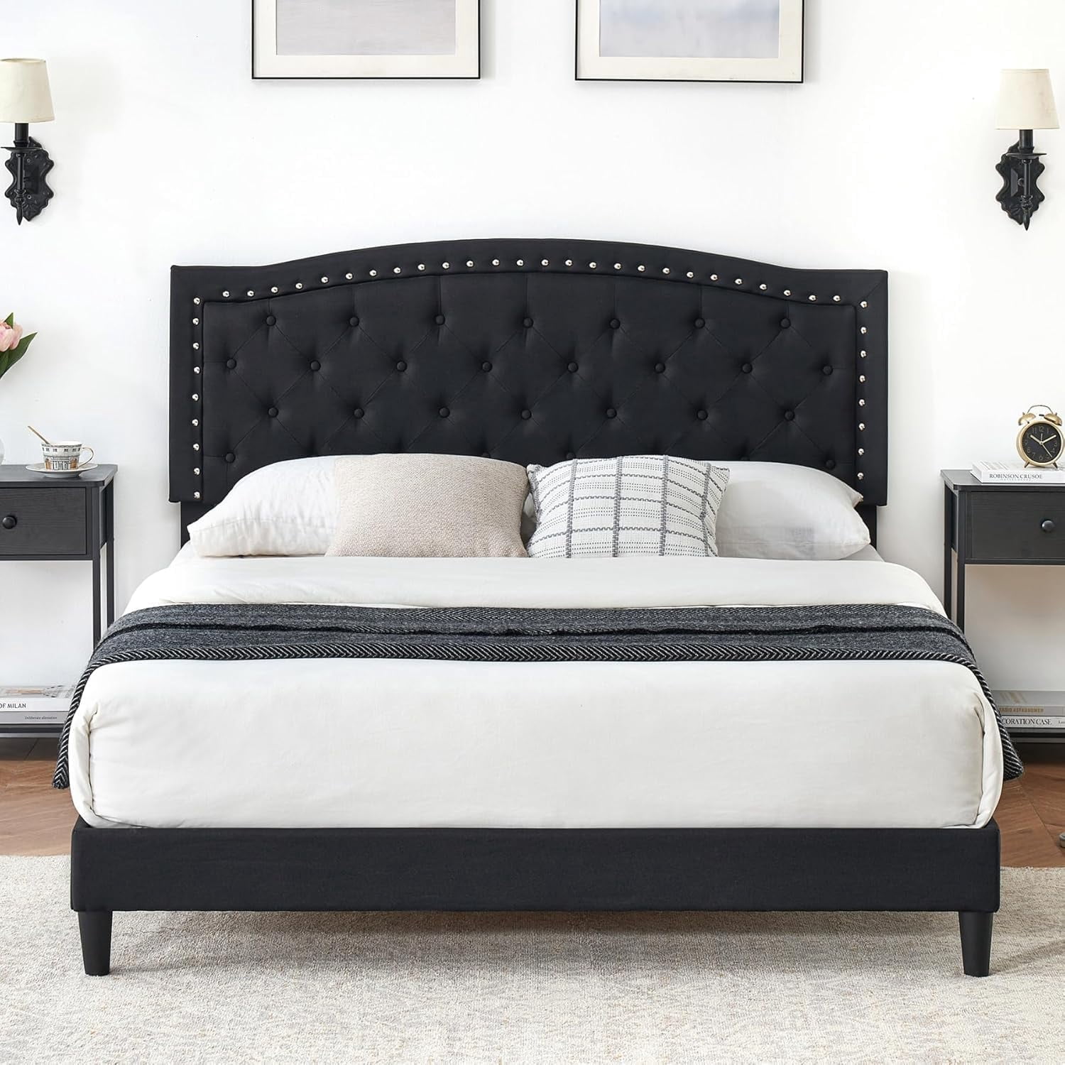 Full Size Bed Frame with Height-Adjustable Upholstered Headboard ...