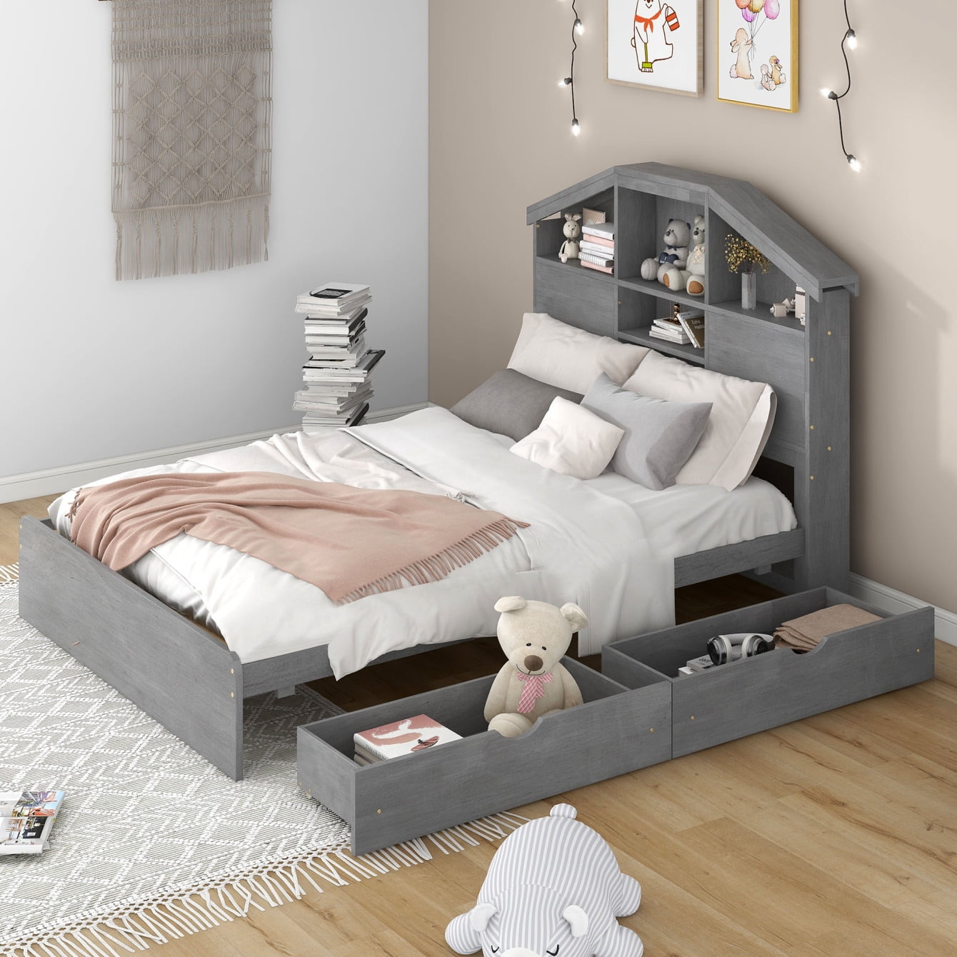 Full Size Bed Frame with House-shaped Storage Headboard, Wood Platform ...