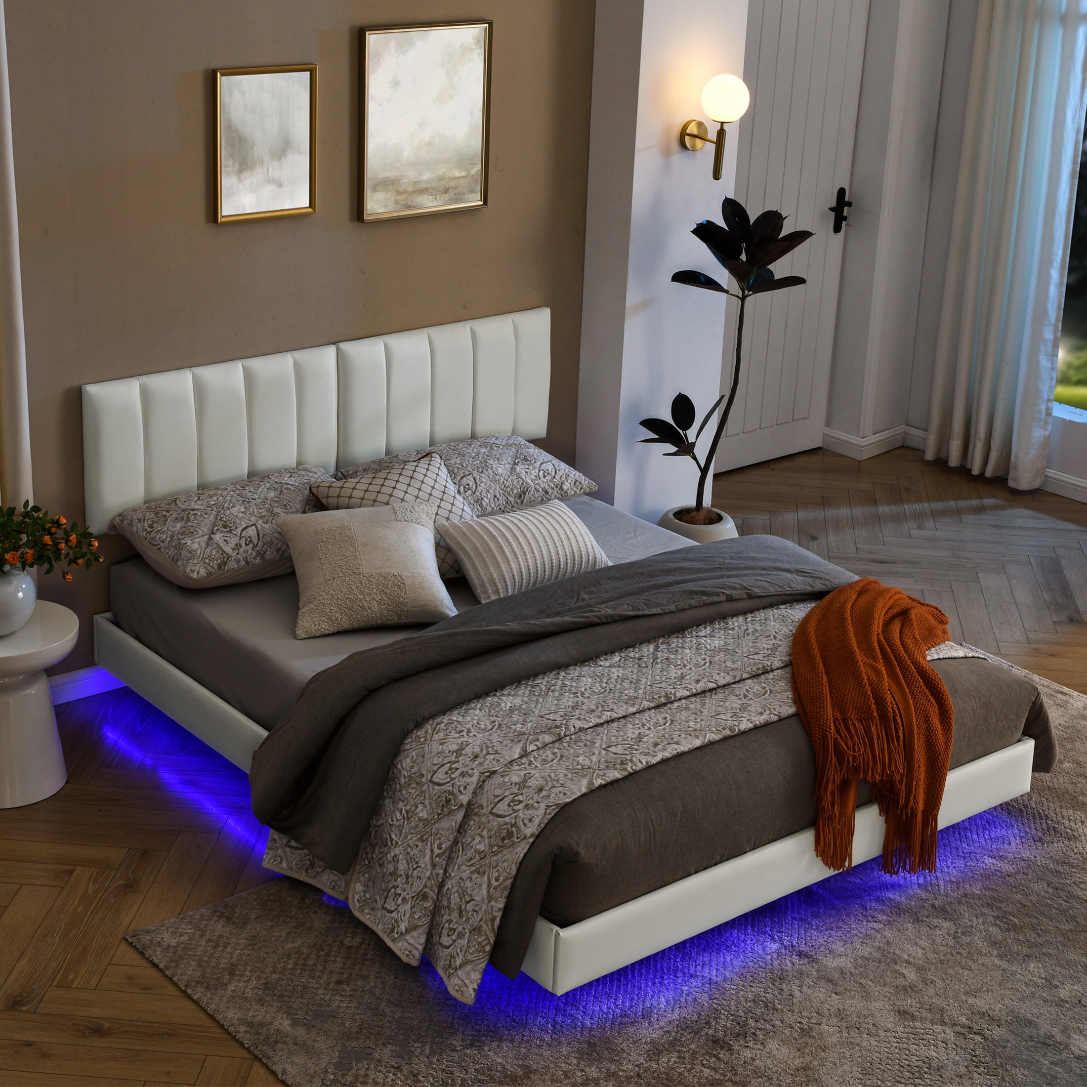 UHOMEPRO Queen Modern Floating Bed Frame with LED Lights and Wall ...