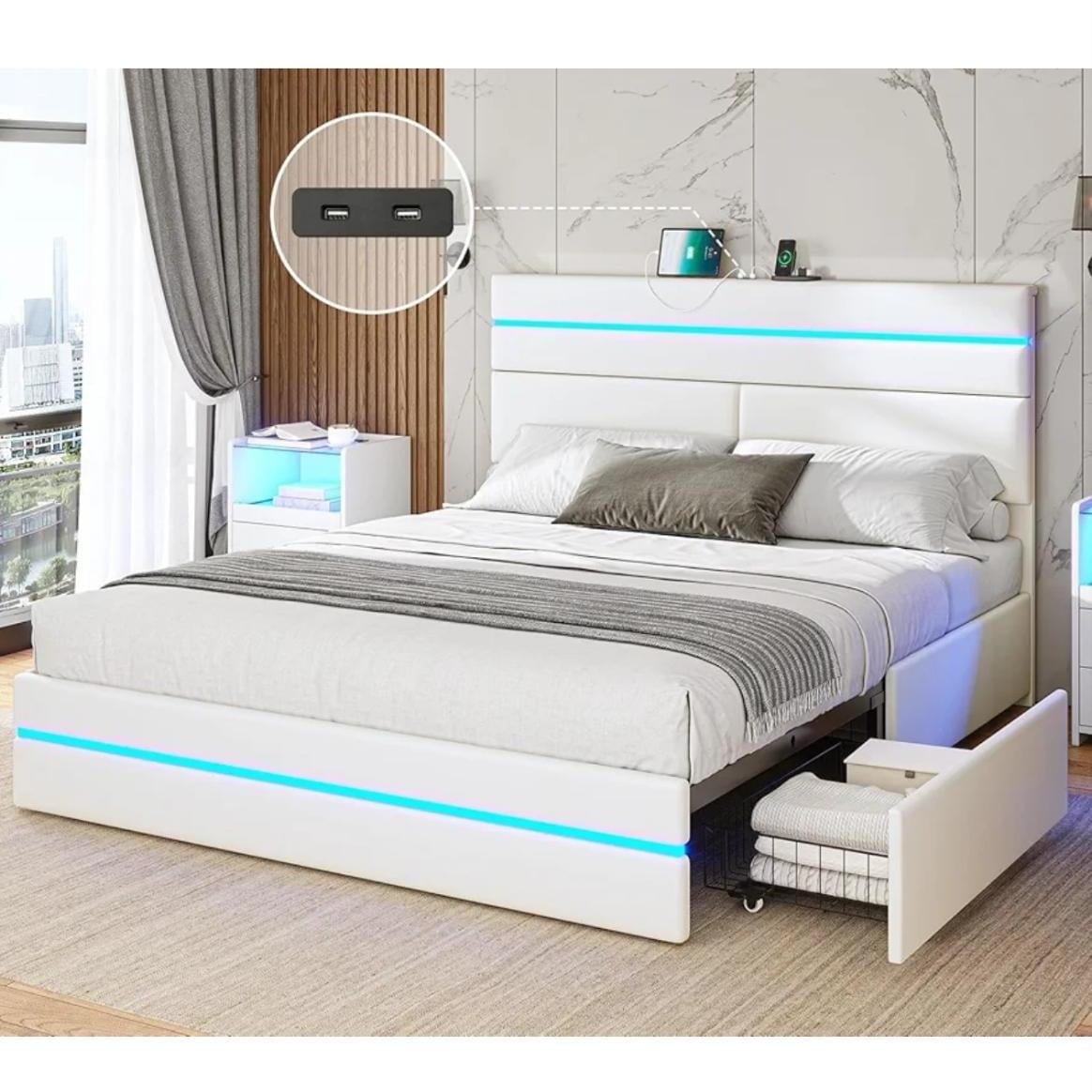 Full Size Bed Frame with LED Lights and 4 Drawers, Upholstered Platform ...