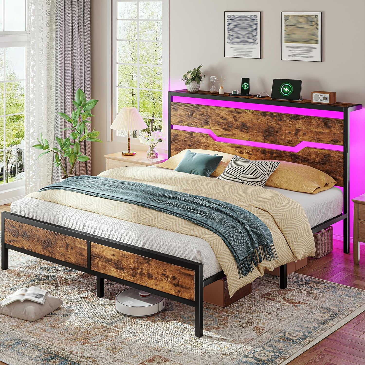 Full Size Bed Frame with LED Lights & Charging Station Bed Frame Full ...