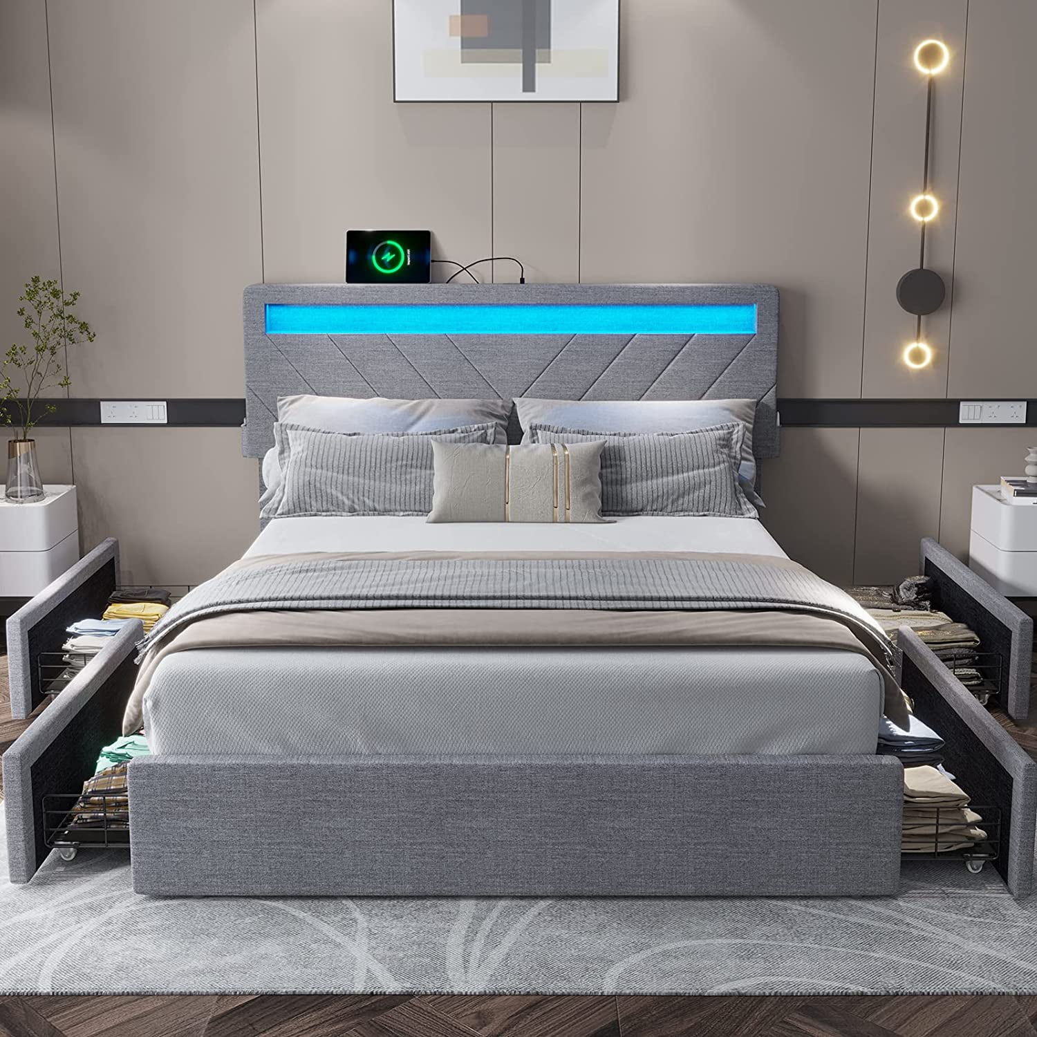 Aunfebrco Full Size LED Upholstered Platform Bed with Charging Station ...