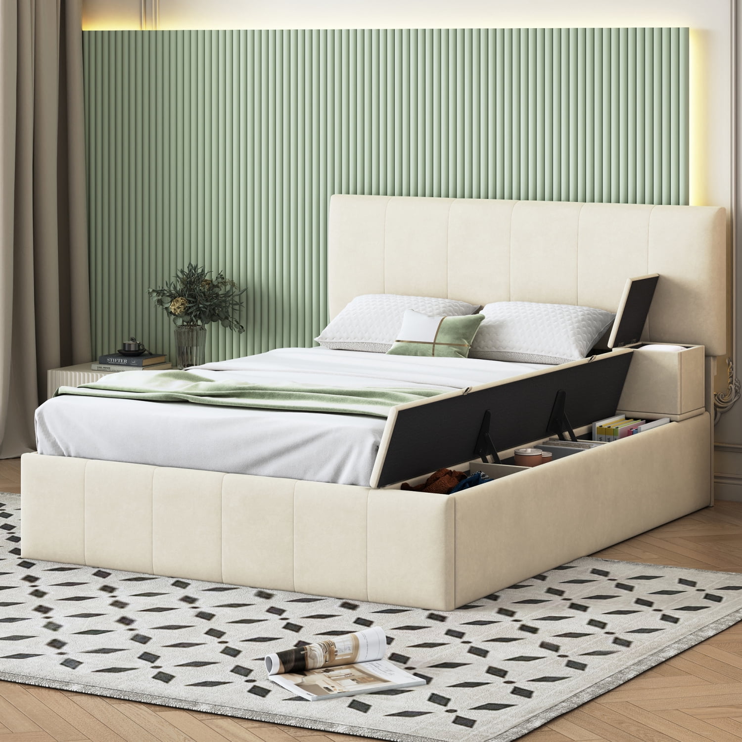 Full Size Bed Frame with Lateral Storage Compartments, Velvet ...