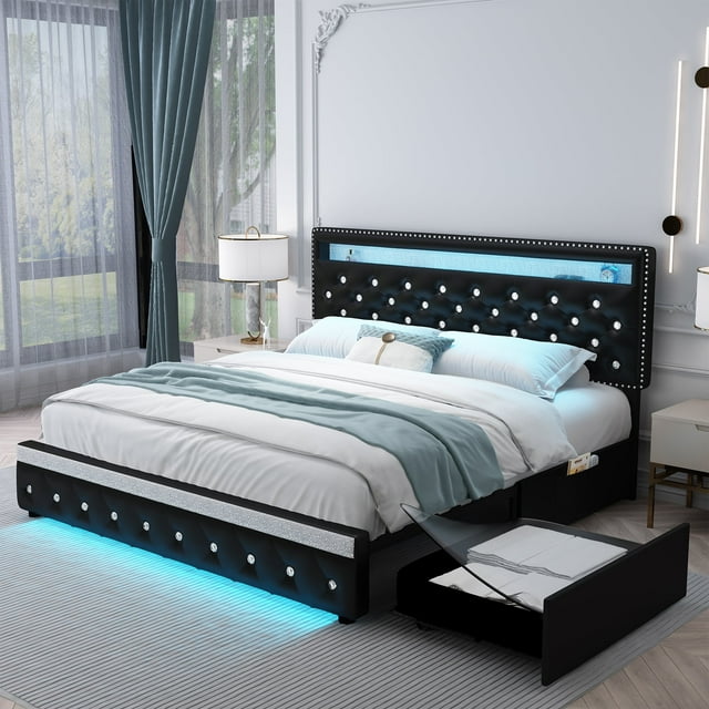 SIBEDS Full LED Bed Frame with Adjustable Headboard, Storage Drawers ...