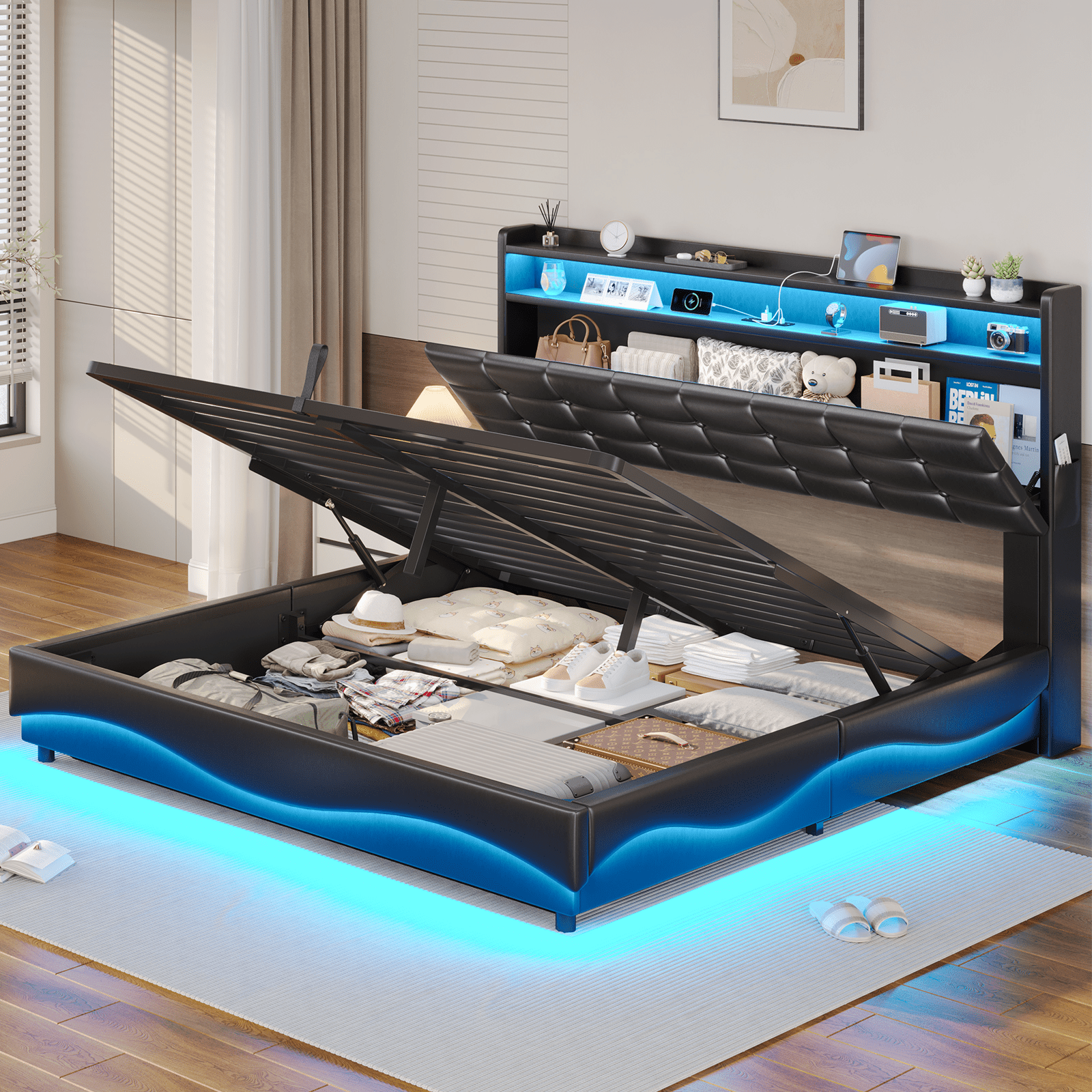 Full Size Bed Frame with Lift Up Storage, Headboard with Hidden Storage ...
