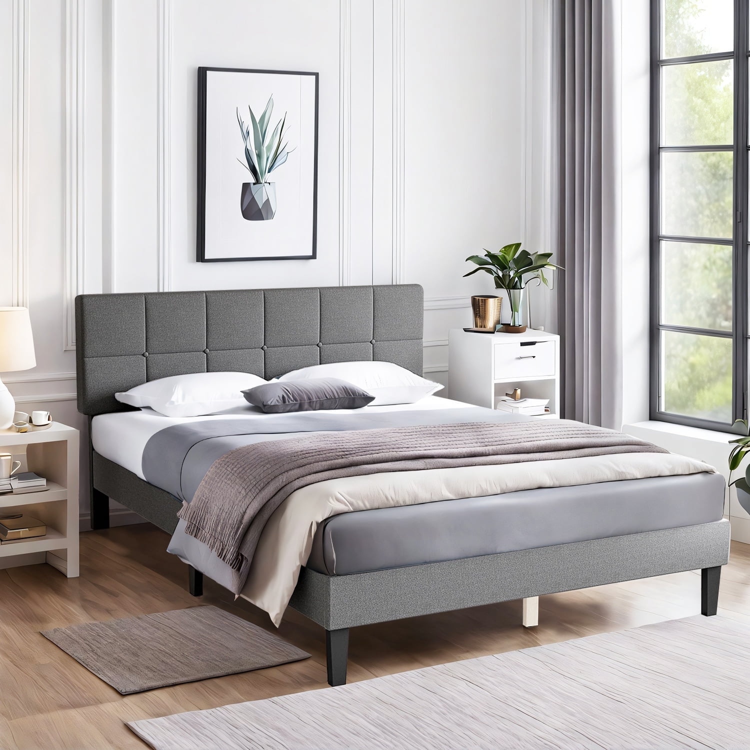 Full Size Bed Frame - Linen Upholstered Platform Bed with Full Size Bed Frame - Linen Upholstered Platform Bed with