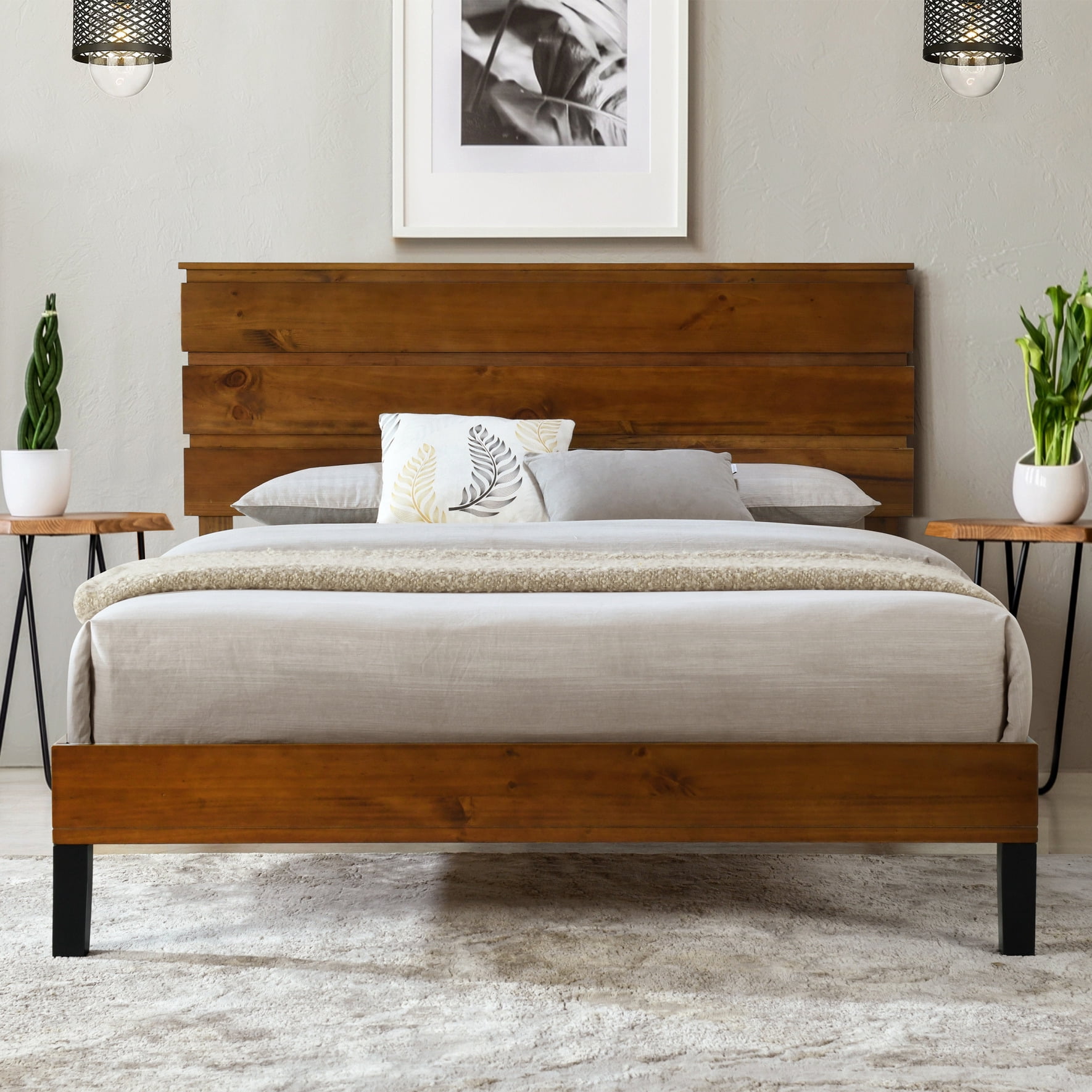 Full Size Bed Frame, Mid-Century Modern Platform Bed with Three-Piece ...