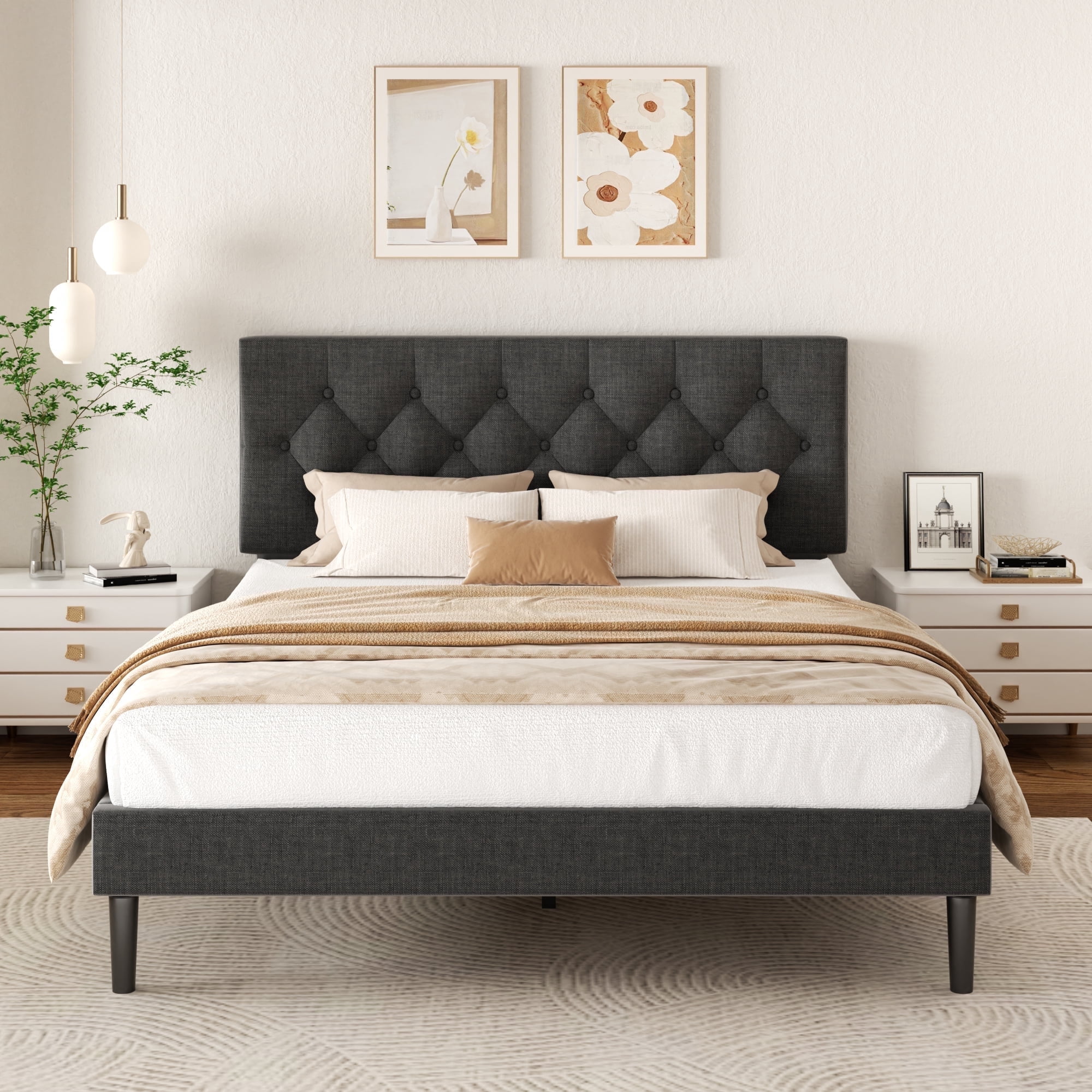 VIPLOV Full Size Bed Frame , Modern Fabric Upholstered Platform Bed ...