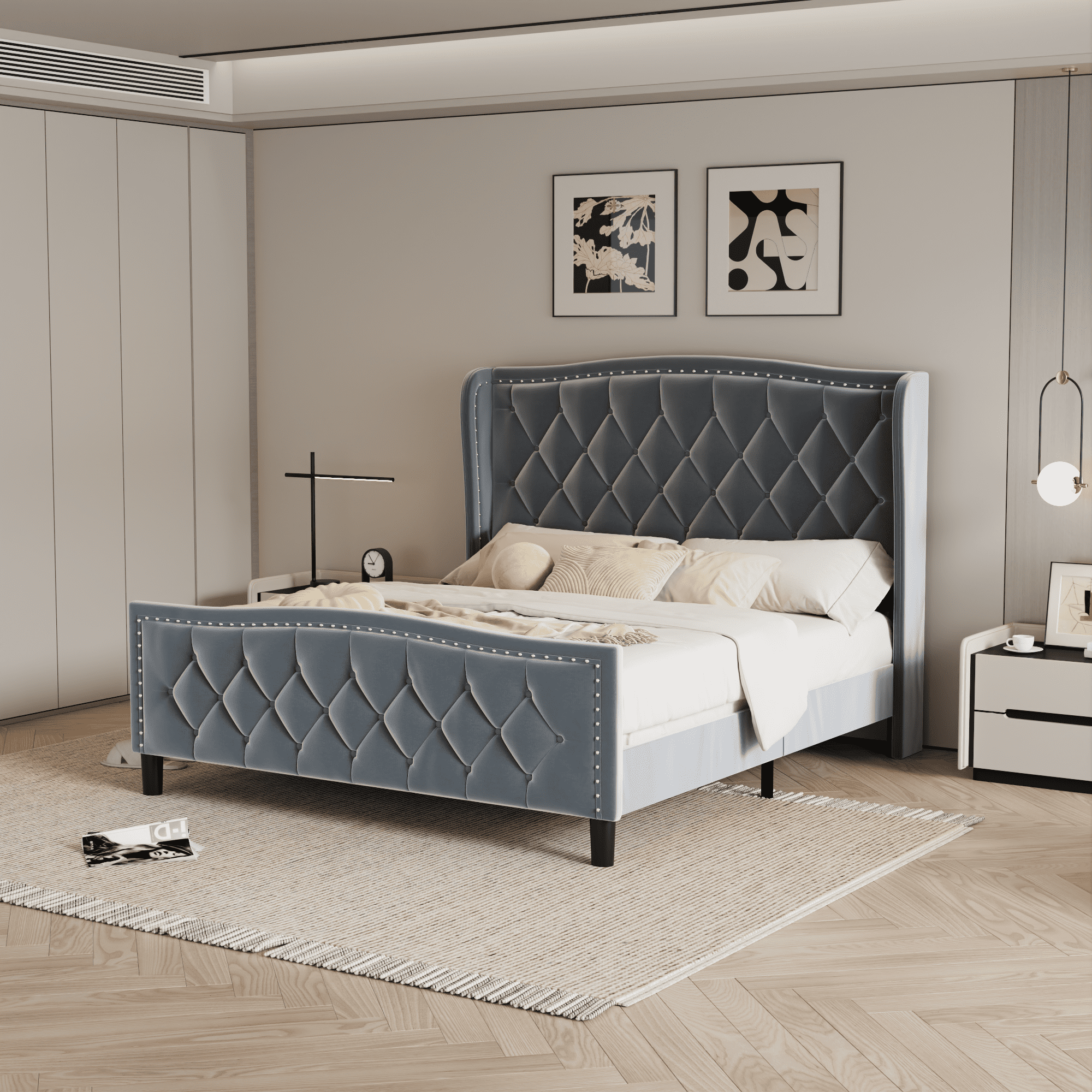 Full Size Bed Frame, Modern Upholstered Platform Bed with Wingback Headboard, Velvet Bed Frame ...