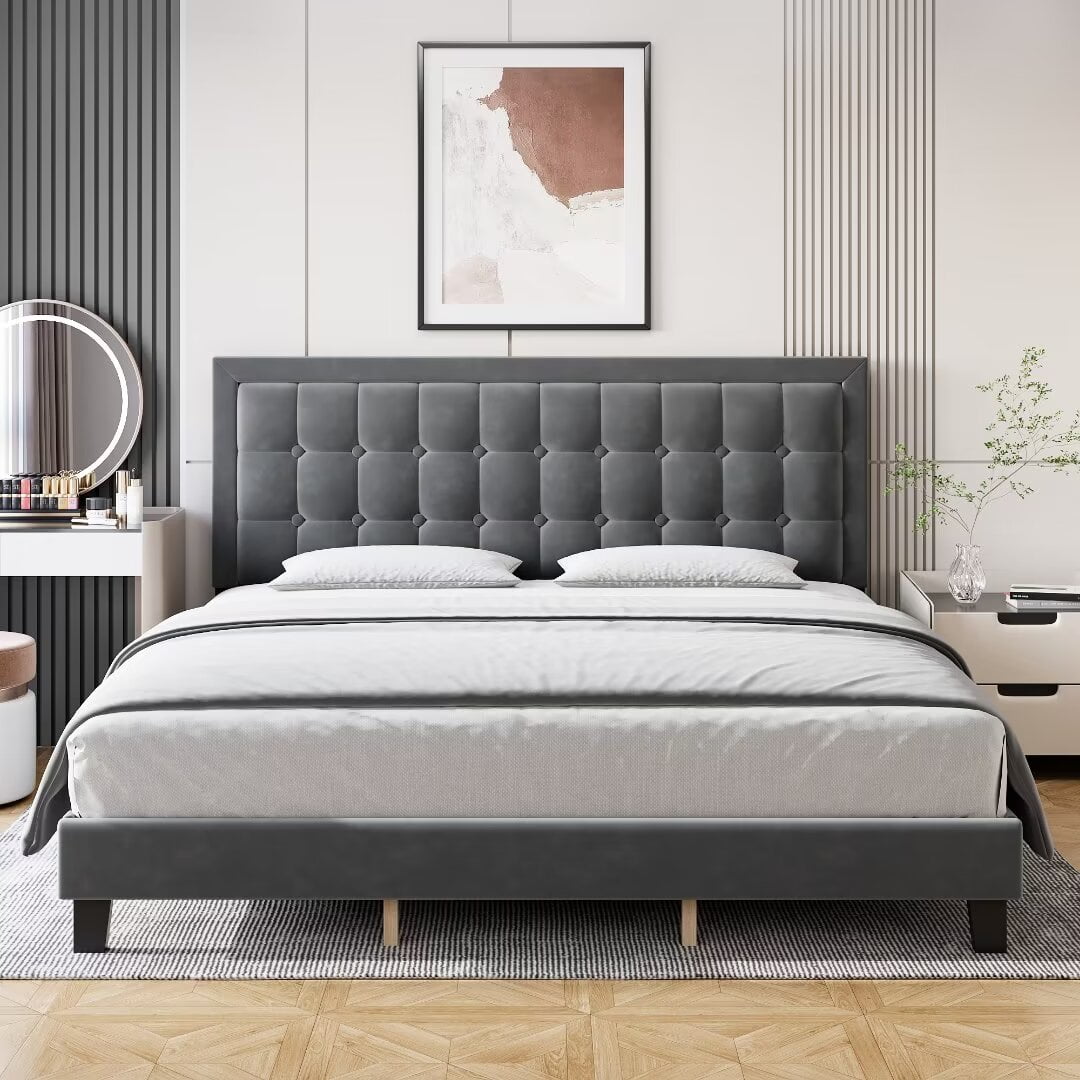 Full Size Bed Frame, Modern Upholstered Platform Bed with Button Linen ...