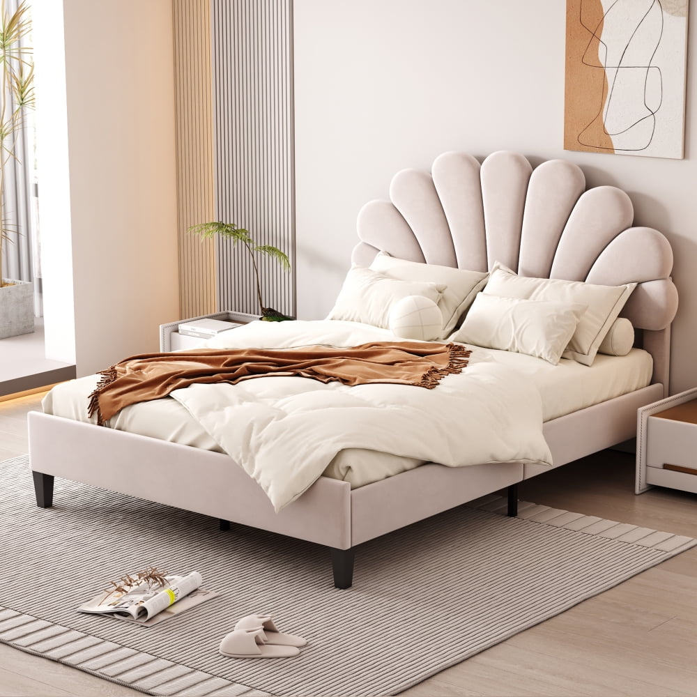 Full Size Bed Frame, Modern Upholstered Platform Bed with Wingback ...