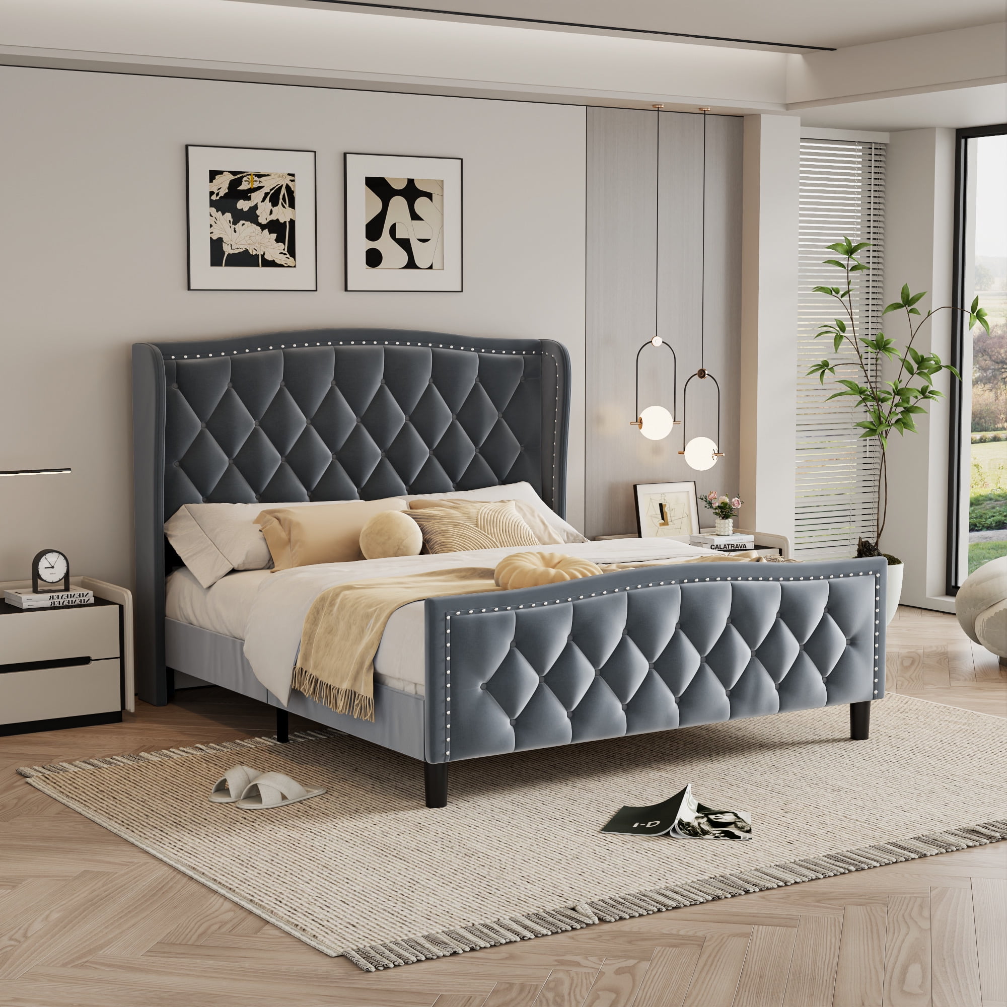 Full Size Bed Frame, Modern Upholstered Platform Bed With Wingback ...