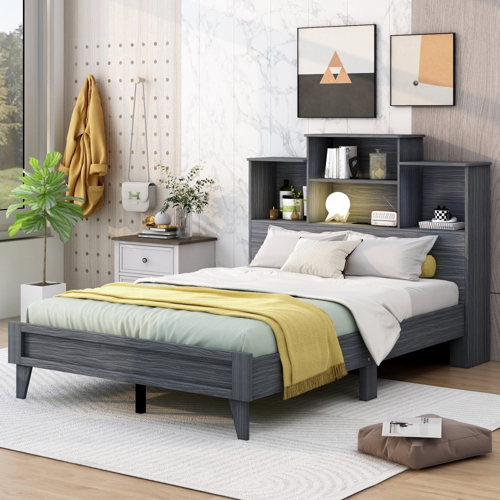 Full Size Bed Frame, Platform Bed Frame with 4 Grid Bookshelf and 2 ...