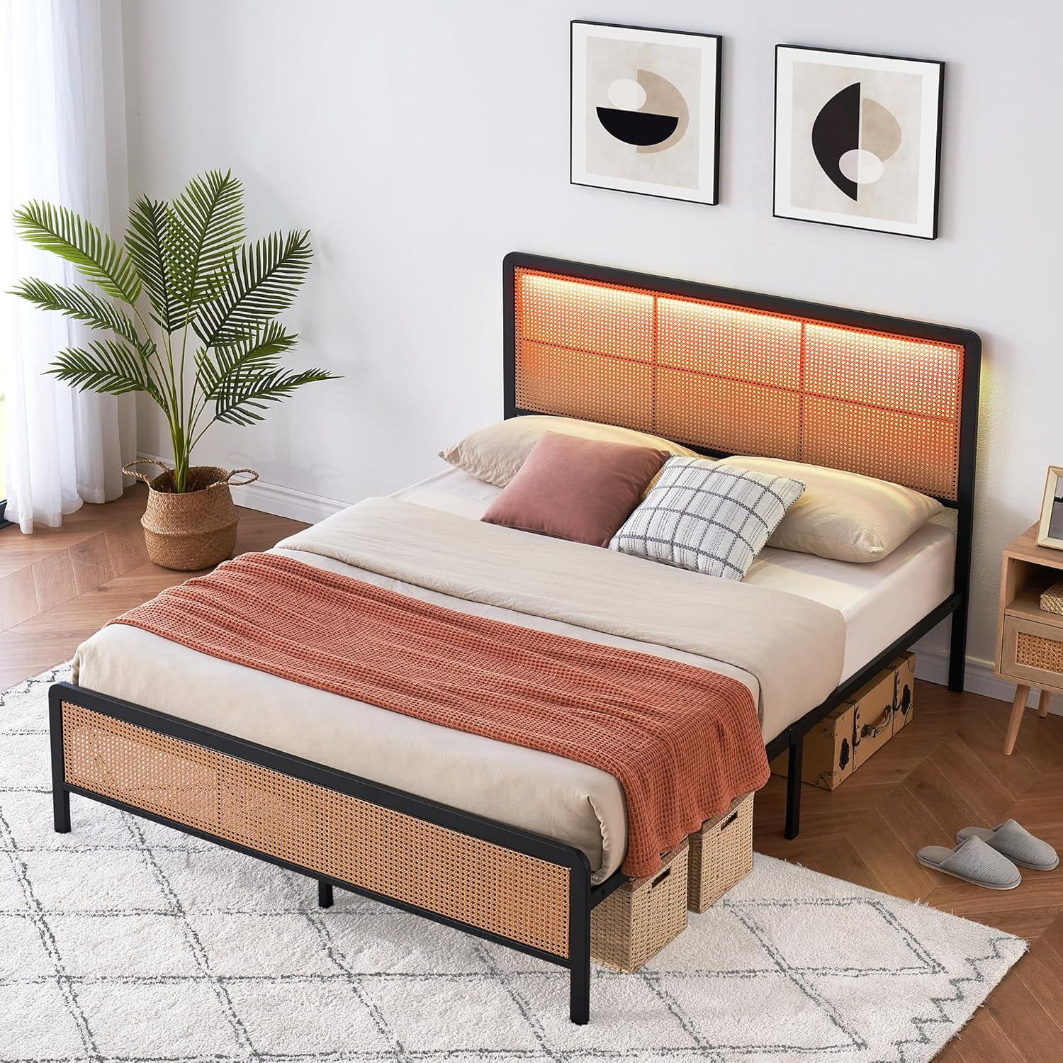 Full Size Bed Frame with Rattan Headboard and Footboard, Platform Full ...