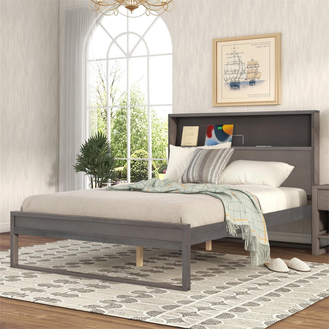Full Size Bed Frame with Sockets and USB Ports, Wooden Platform Bed ...