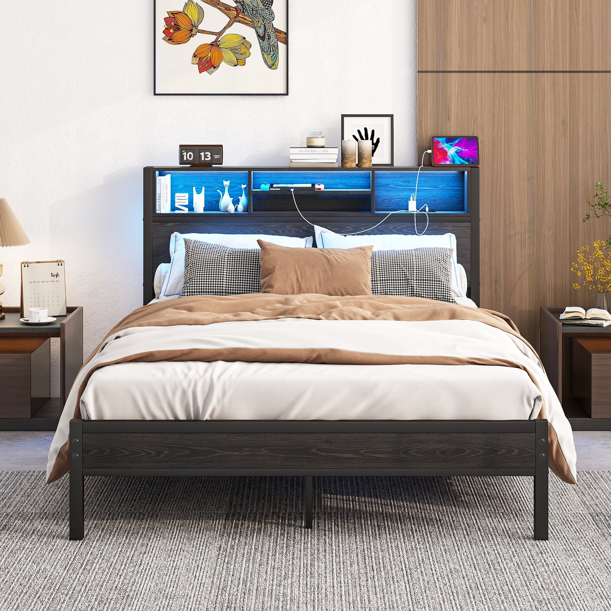 Full Size Bed Frame with Storage Headboard,Metal Platform Bed with ...