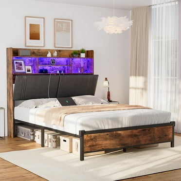 GUNAITO Queen Bed Frame with Storage Headboard, 2 Drawers Platform LED ...