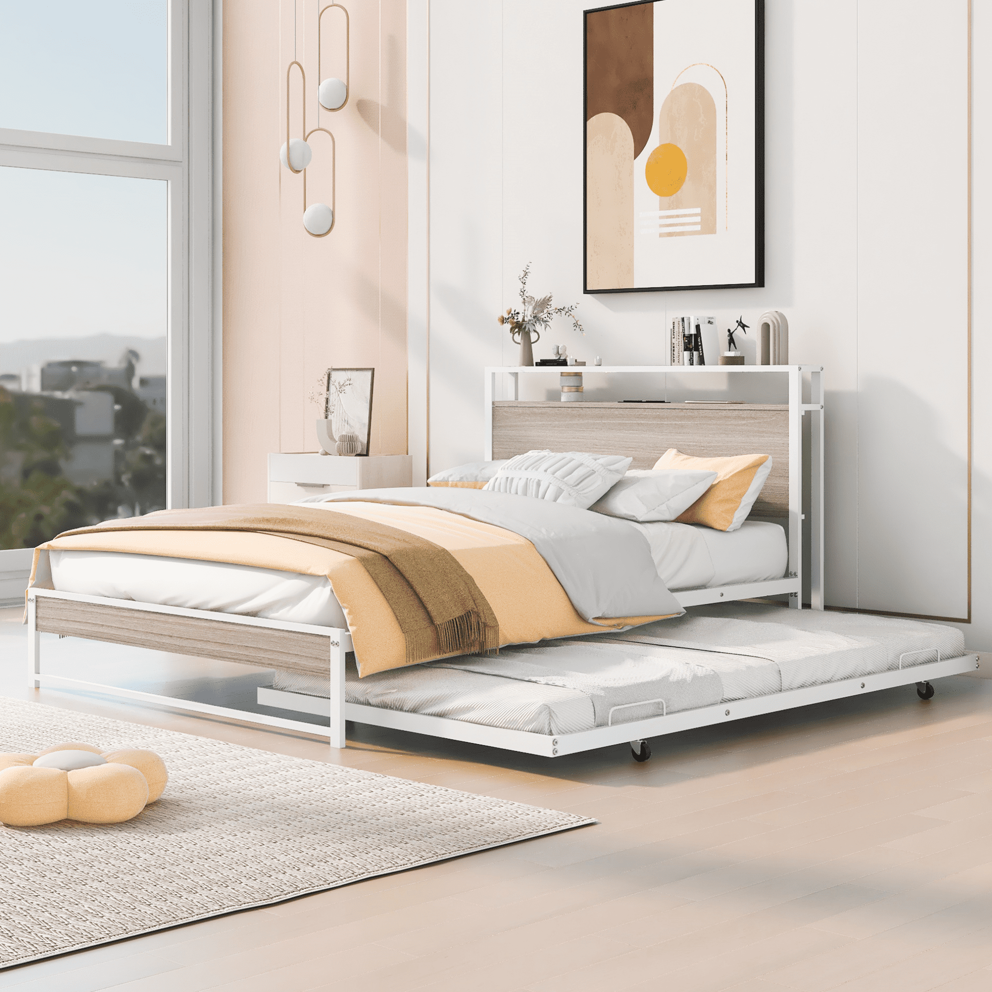 Full Size Bed Frame, Trundle Bed with USB Ports, Daybed with Trundle ...