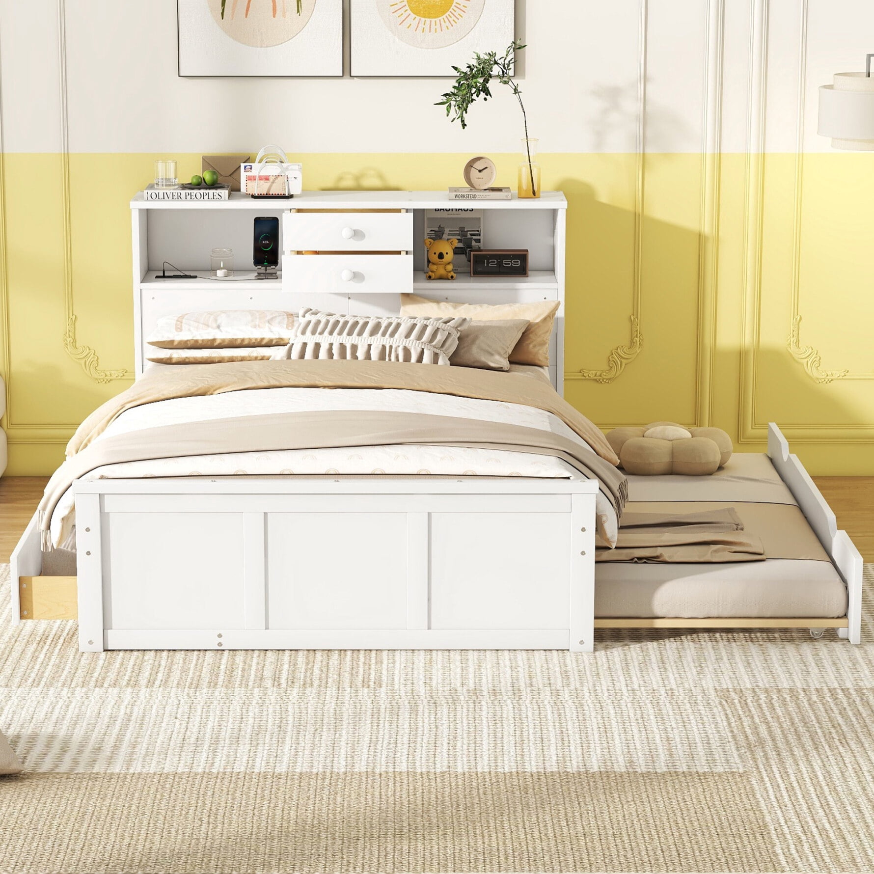 Full Size Bed Frame with Twin Size Trundle and 3 Drawers, Wood Platform ...