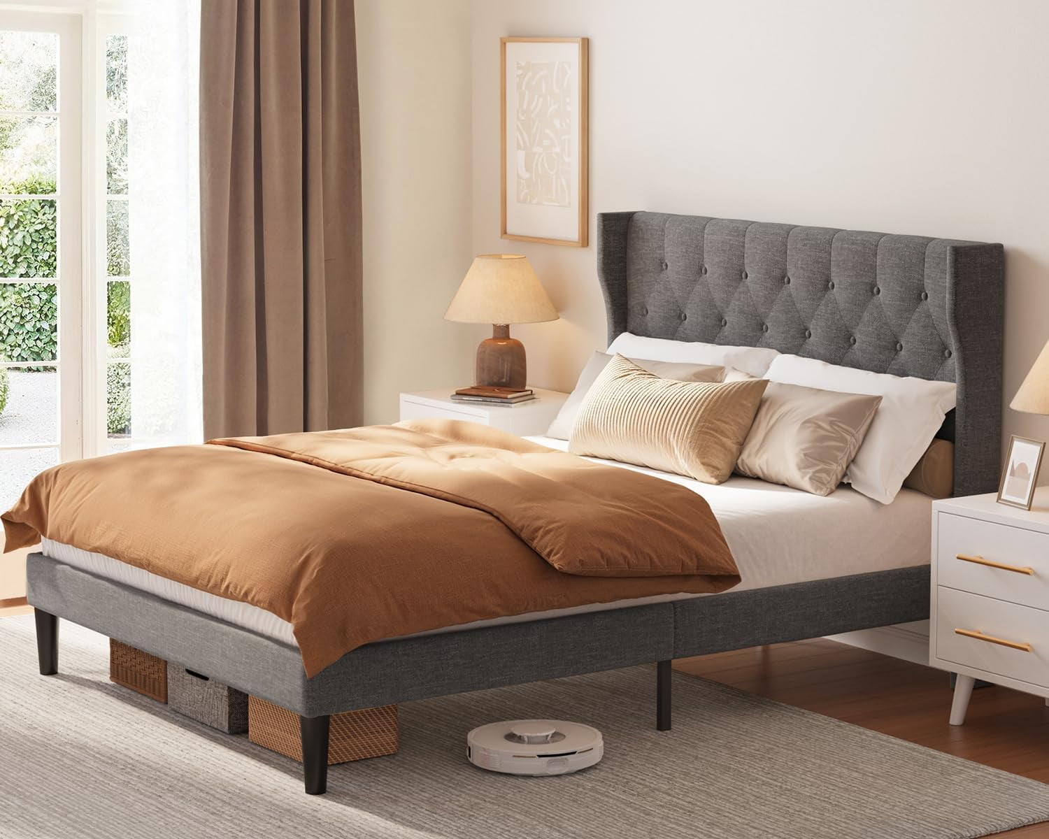 Full Size Bed Frame, Upholstered Bed Frame with Headboard and Strong ...