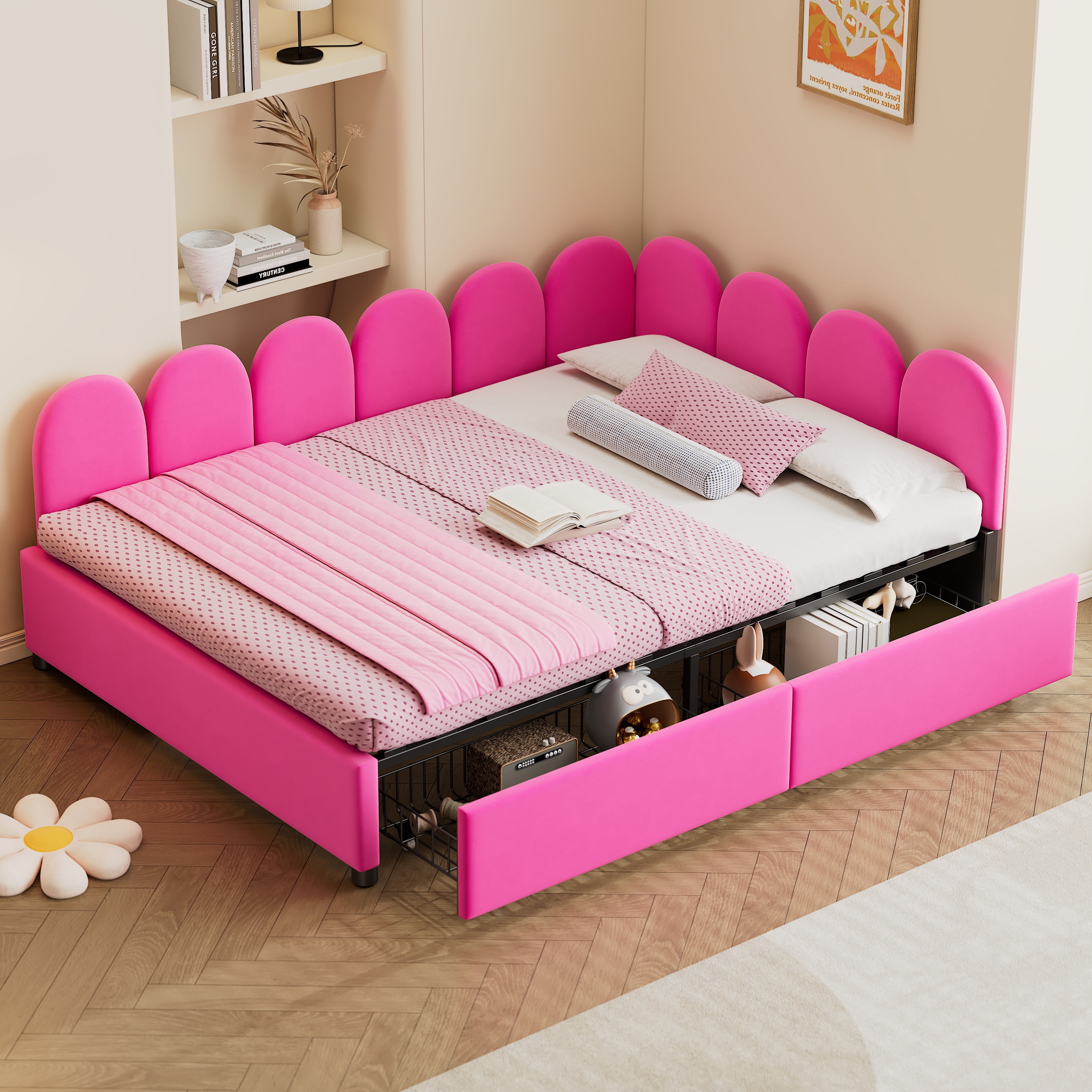 Full Size Bed Frame Upholstered Daybed with Storage Drawers,L-Shaped ...