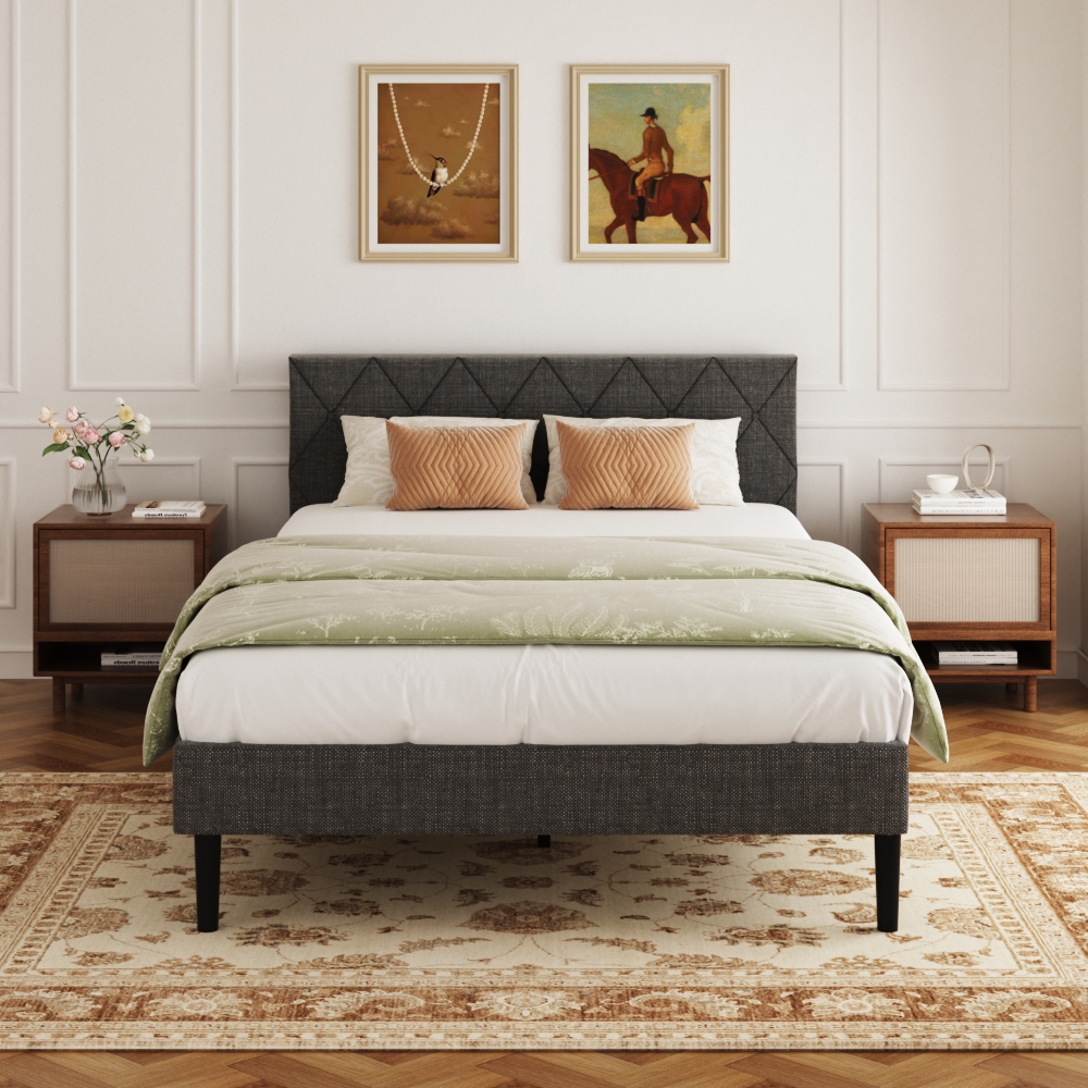 Full Size Bed Frame, Upholstered Platform Bed Frame with Button Tufted ...