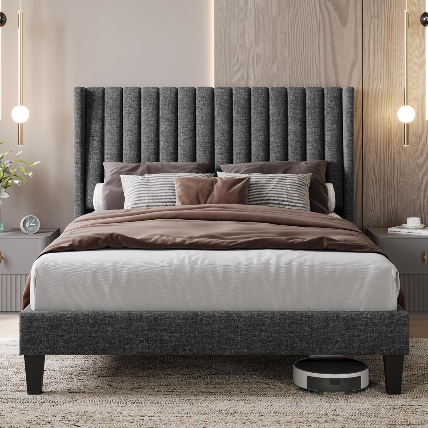 Full Size Bed Frame, Upholstered Platform Bed with Wing Edge Channel ...