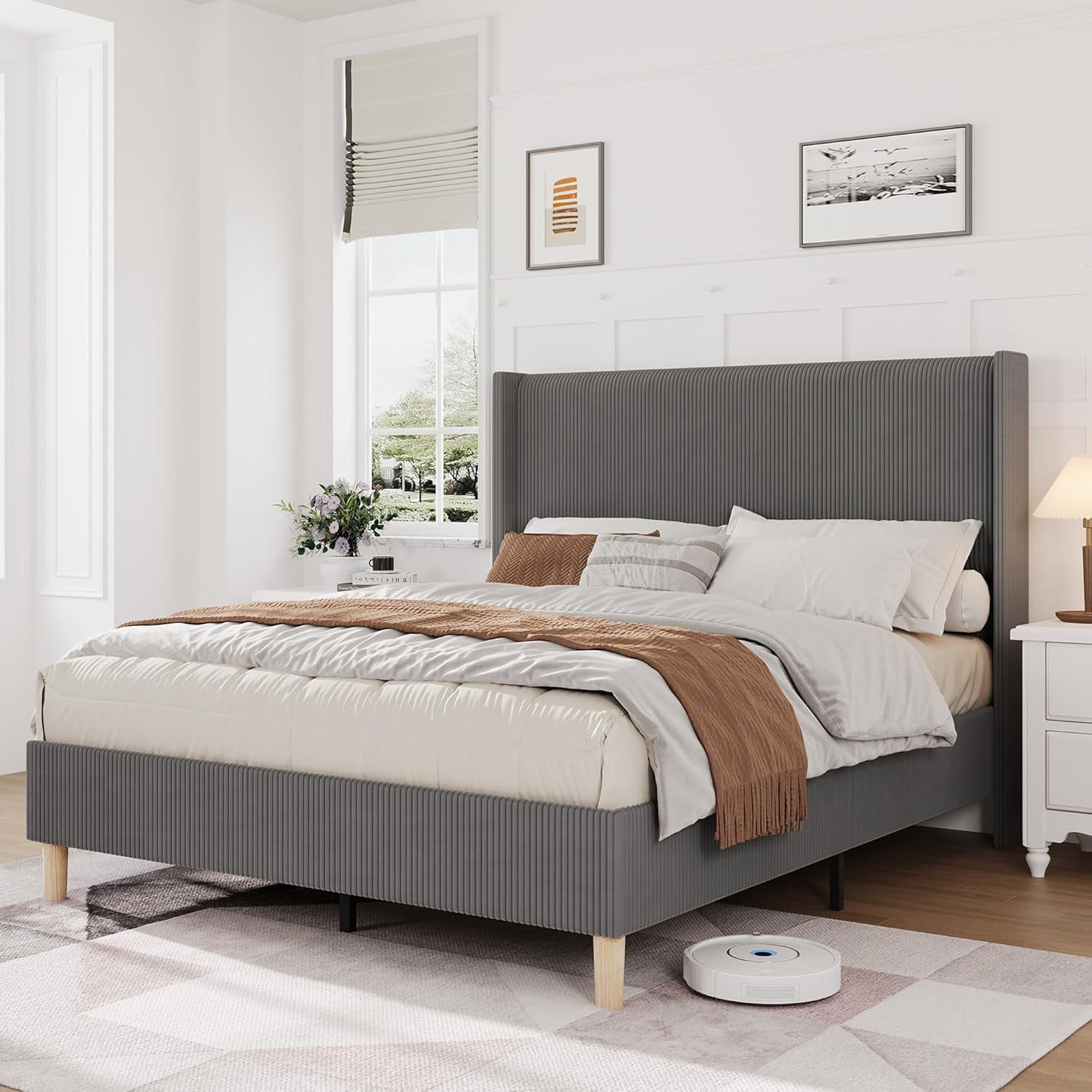Full Size Bed Frame, Upholstered Platform Corduroy Bed Frame with ...