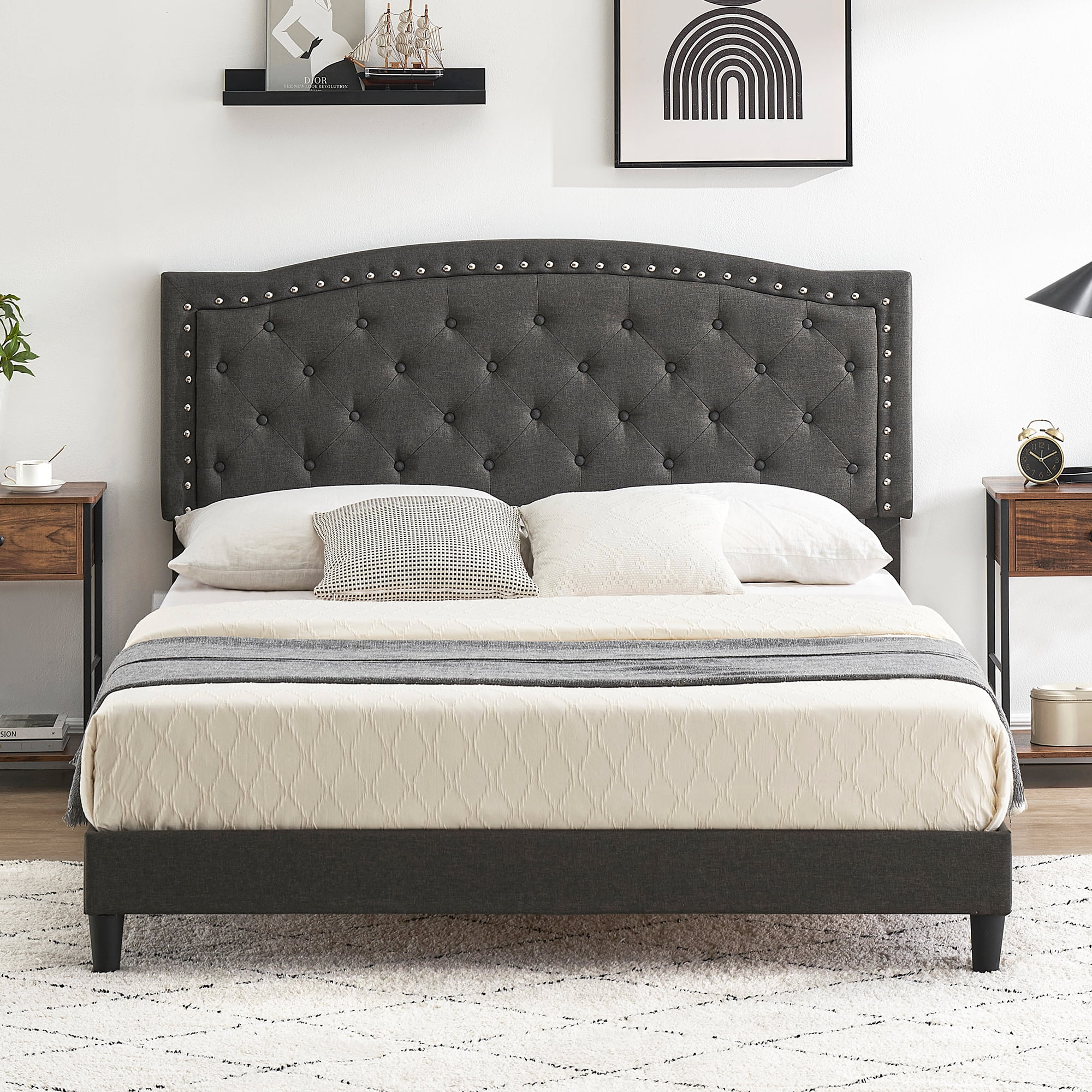 Full Size Bed Frame, Upholstered Platform Bed Frame with Adjustable ...