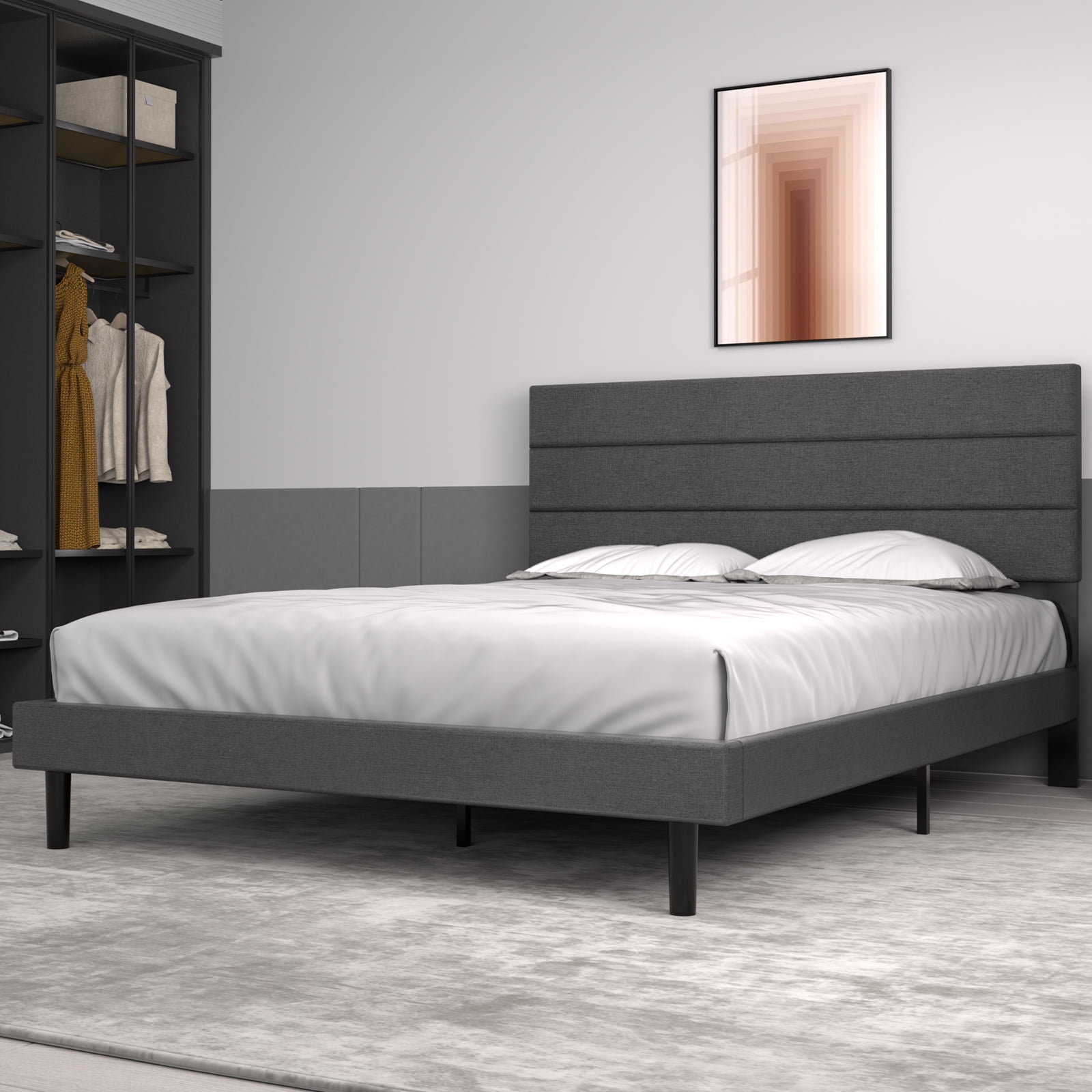 Full Size Bed Frame Upholstered Platform with Headboard, Linen Fabric ...