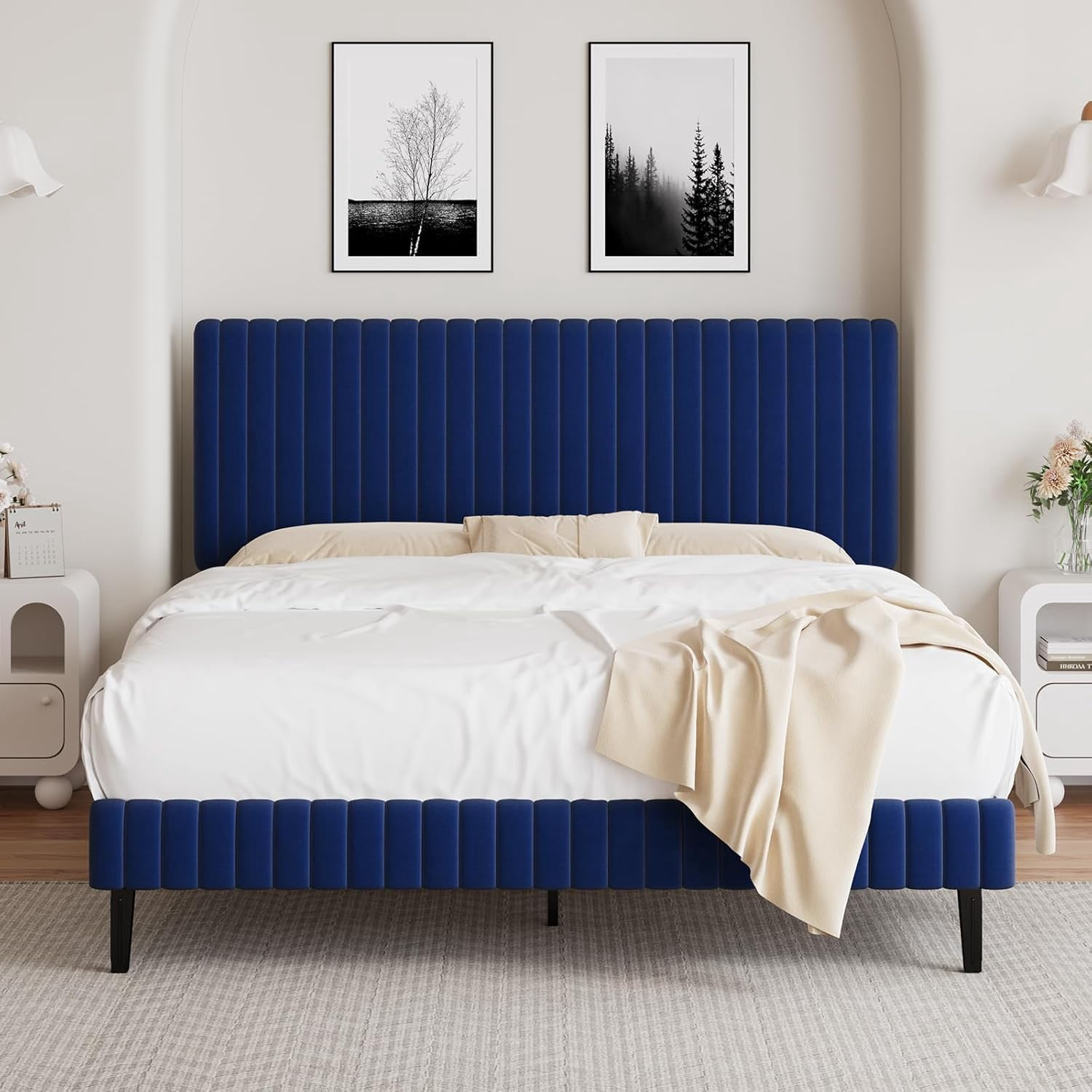 Full Size Bed Frame, Velvet Upholstered Platform Bed with Vertical ...