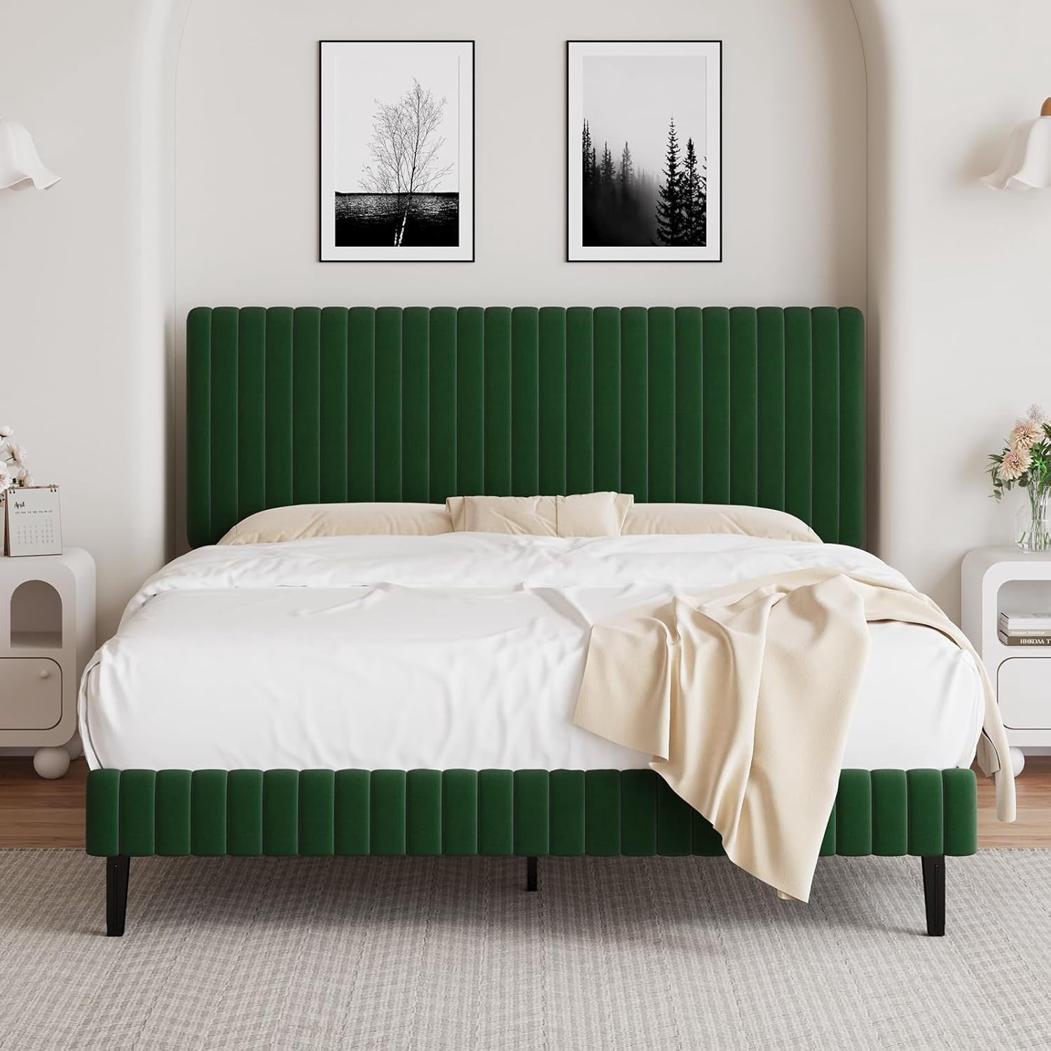 Full Size Bed Frame, Velvet Upholstered Platform Bed with Vertical ...