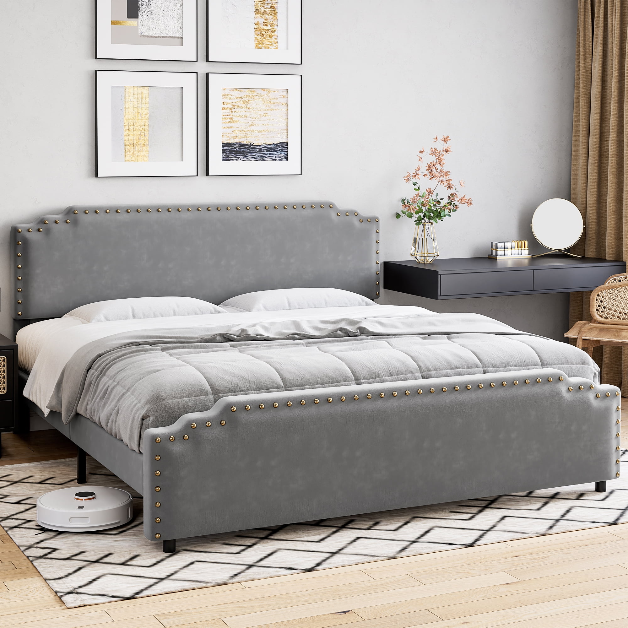 Full Size Bed Frame, Velvet Upholstered Platform Bed Frame with Rivet ...