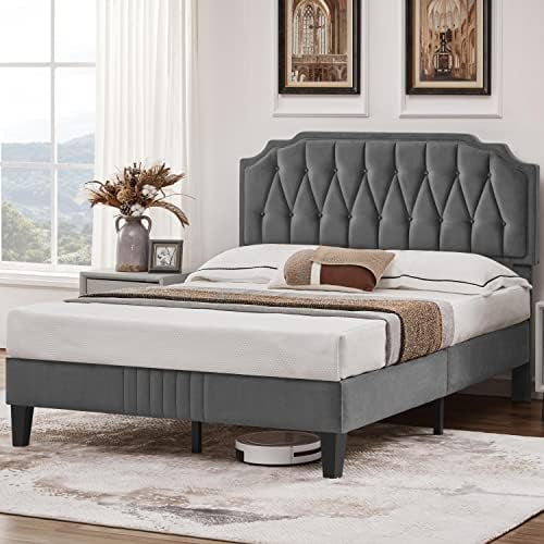 Full Size Bed Frame, Velvet Upholstered Platform Bed With Curved ...