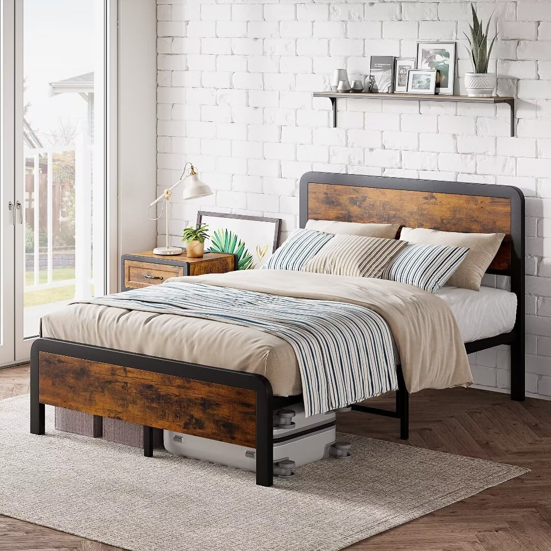 Full Size Bed Frame with Vintage Wood Headboard, Metal Platform Bed ...