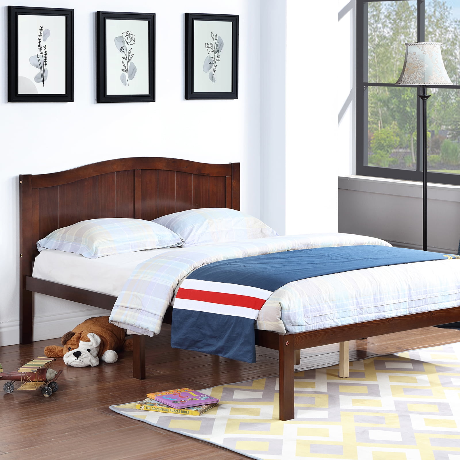 Full Size Bed Frame With Slatted Headboard, Solid Wood Platform Bed ...