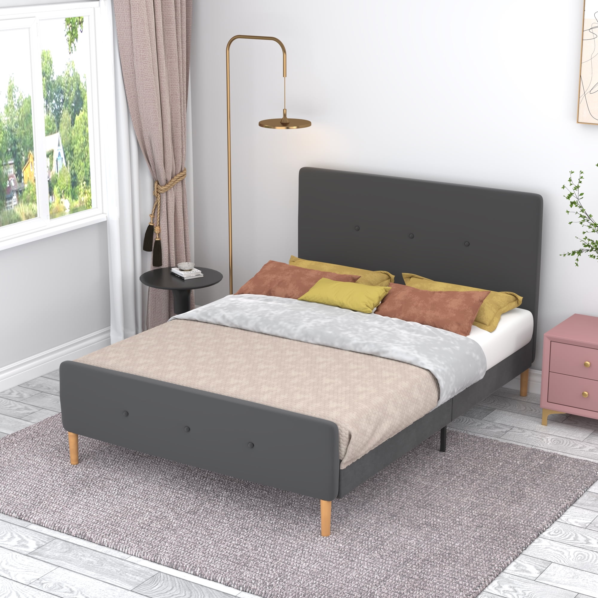 Full Size Bed Frame Wood Slat Support 500 lbs Capacity with Headboard ...