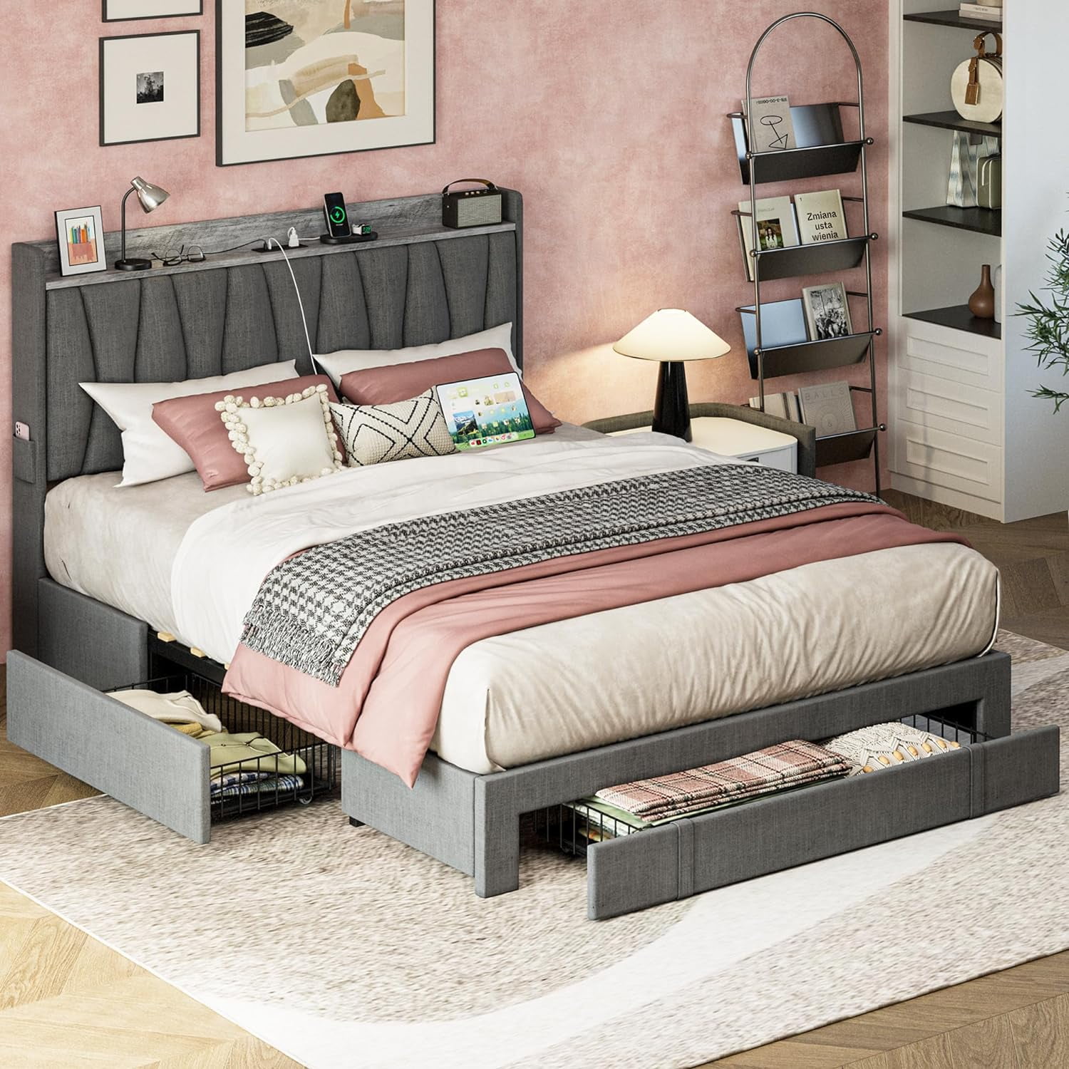 Full Size Bed Frame with 3 Drawers, Upholstered Platform Bed with ...