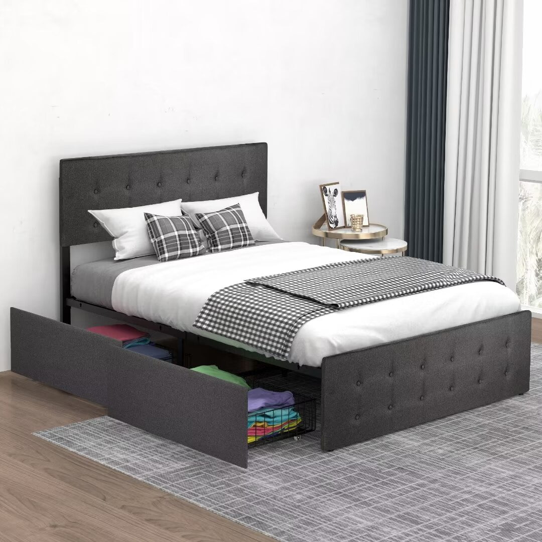 Full Size Bed Frame with 4 Storage Drawers & Adjustable Headboard ...
