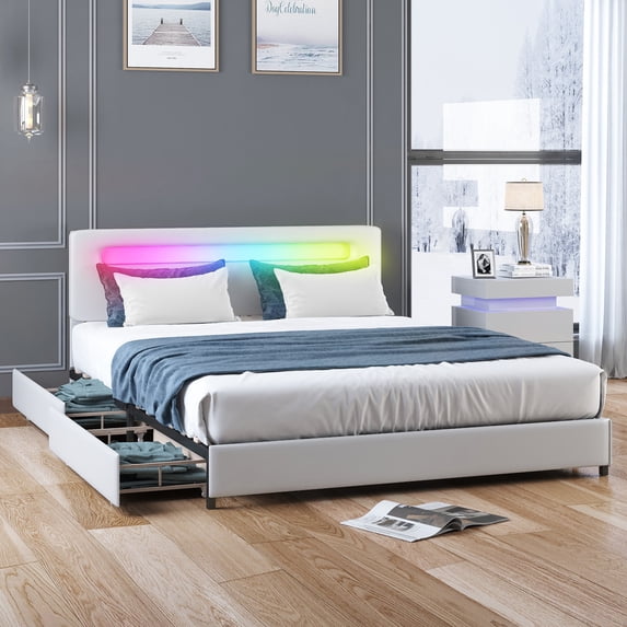 Full Size Bed Frame with 4 Storage Drawers, LED Lights Headboard ...