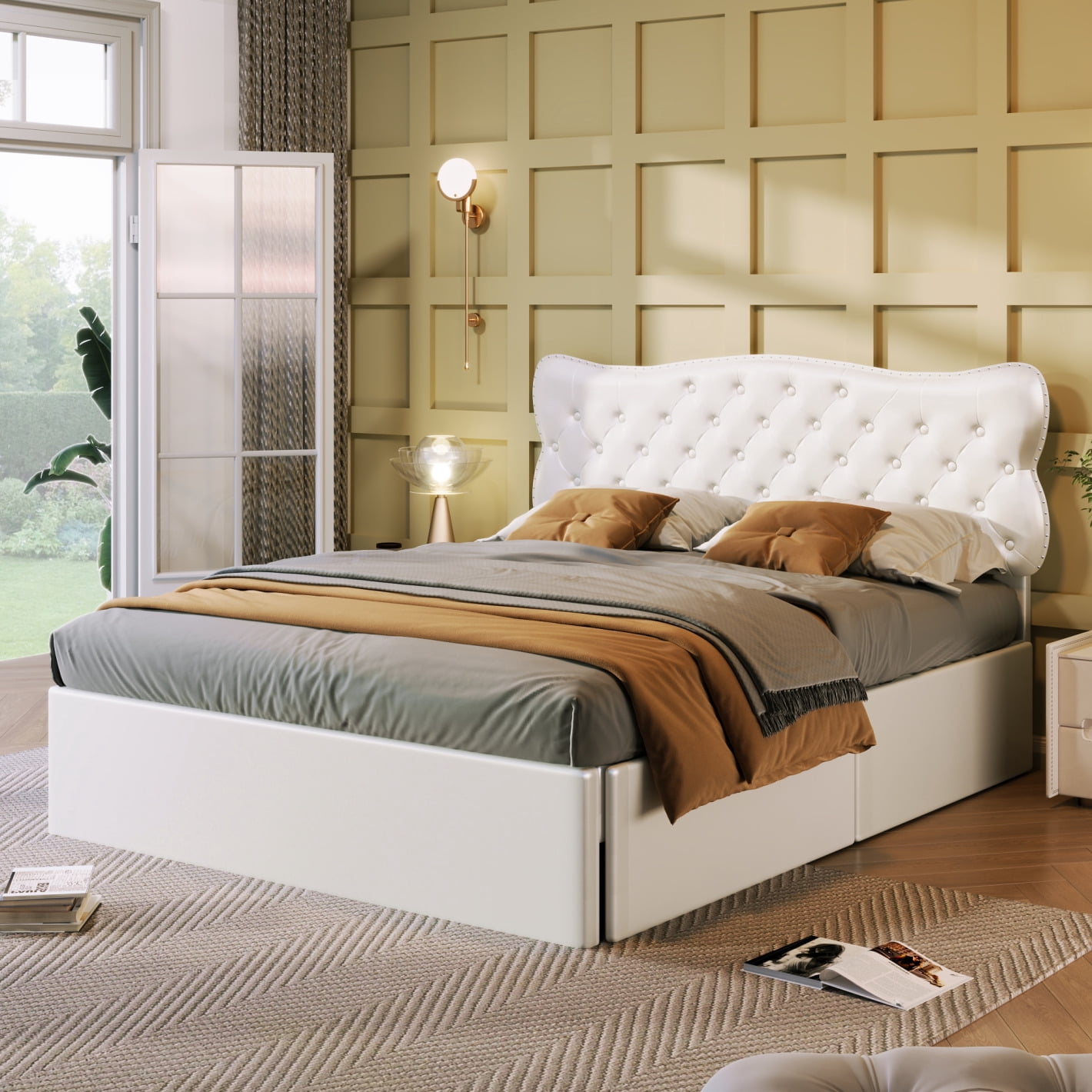 Full Size Bed Frame with 4 Storage Drawers, Leather Upholstered ...