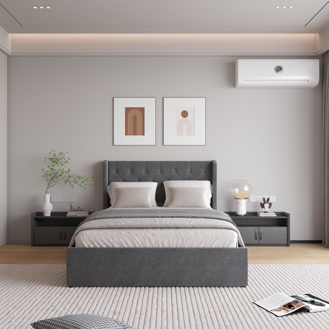 Full Size Bed Frame with 4 Wheeled Storage Drawers & Wingback Headboard ...