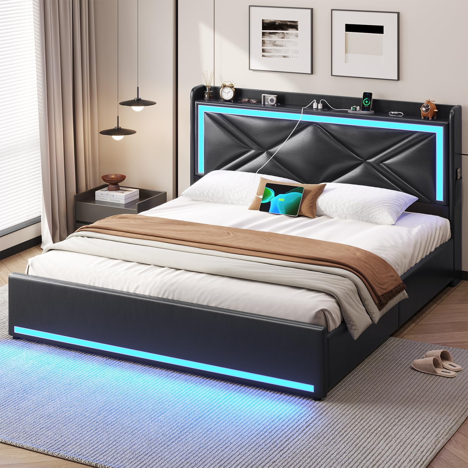 Full Size Bed Frame with LED Lights and Charging Station, PU Leather ...