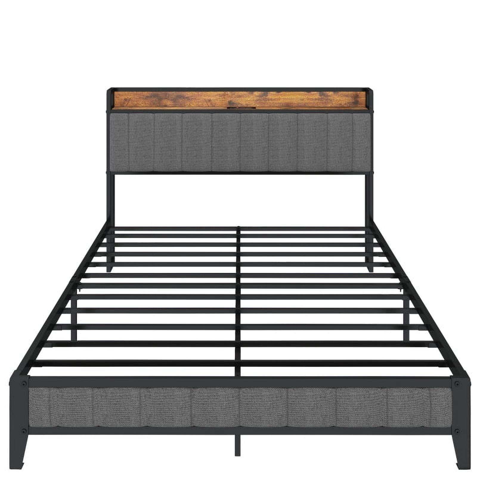 Full Size Bed Frame with Charging Station, Upholstered Headboard, Metal ...